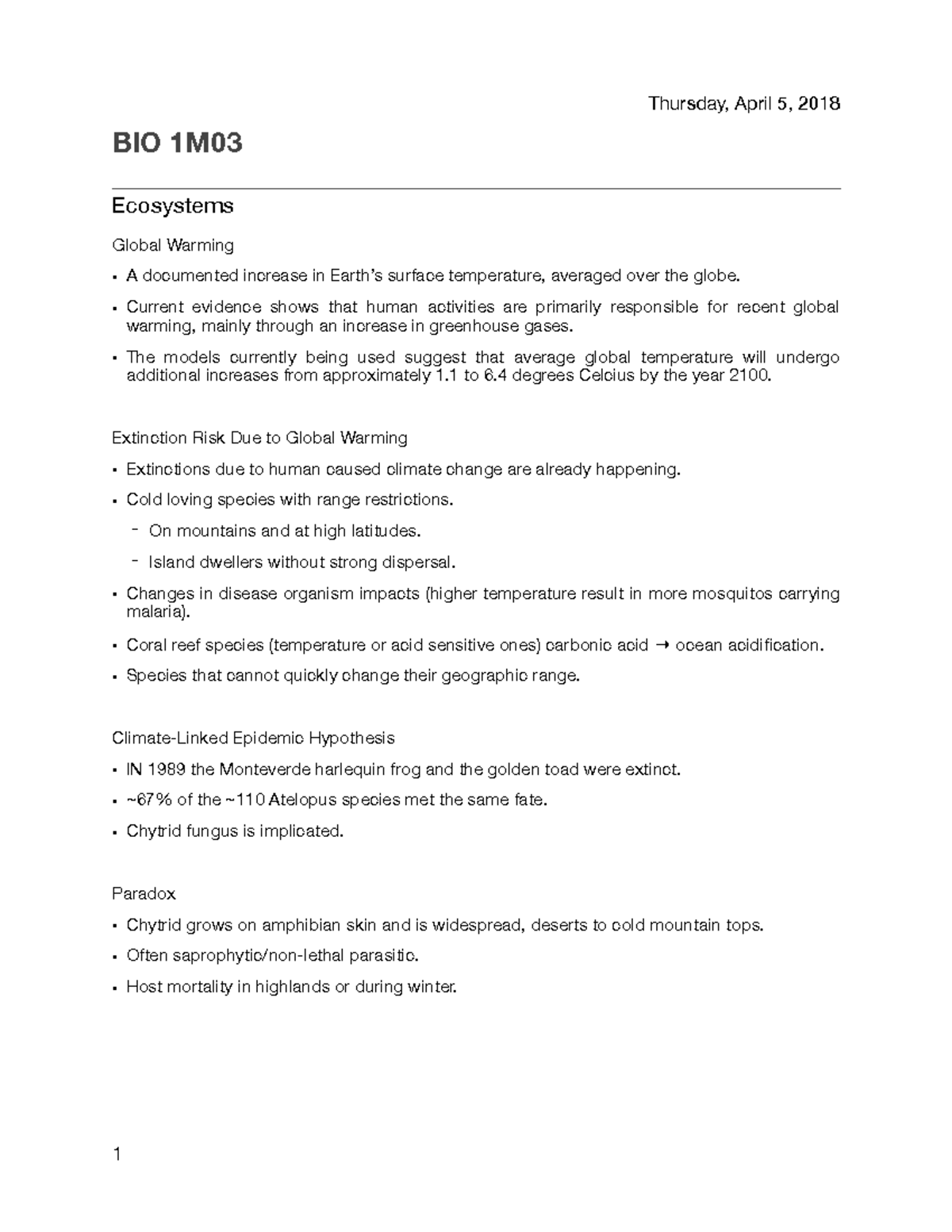 BIO 1M03 - Ecosystems - Thursday, April 5, 2018 BIO 1M Ecosystems ...