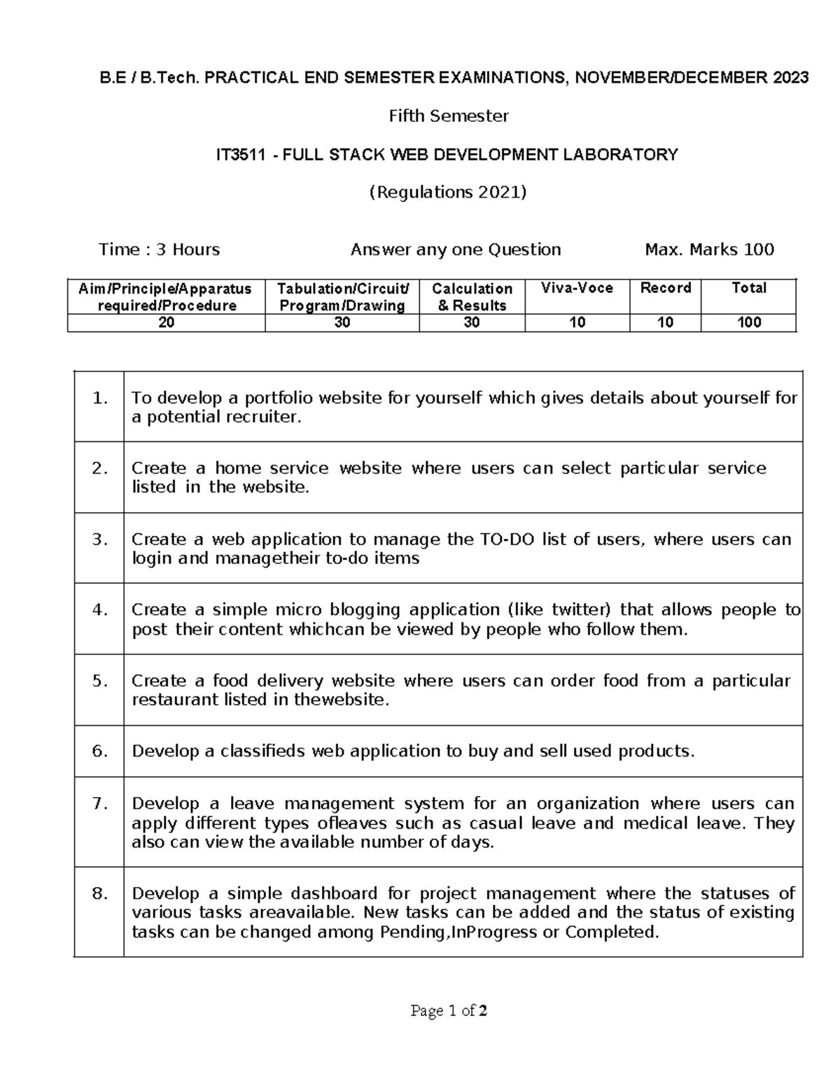 IT3511 SET2 - question - Page 1 of 2 B / B. PRACTICAL END SEMESTER ...