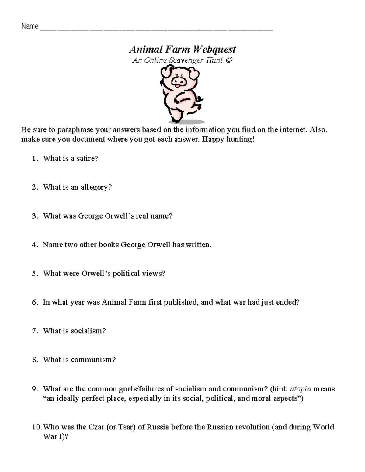 Animal Farm Webquest - assignment - Name - Studocu