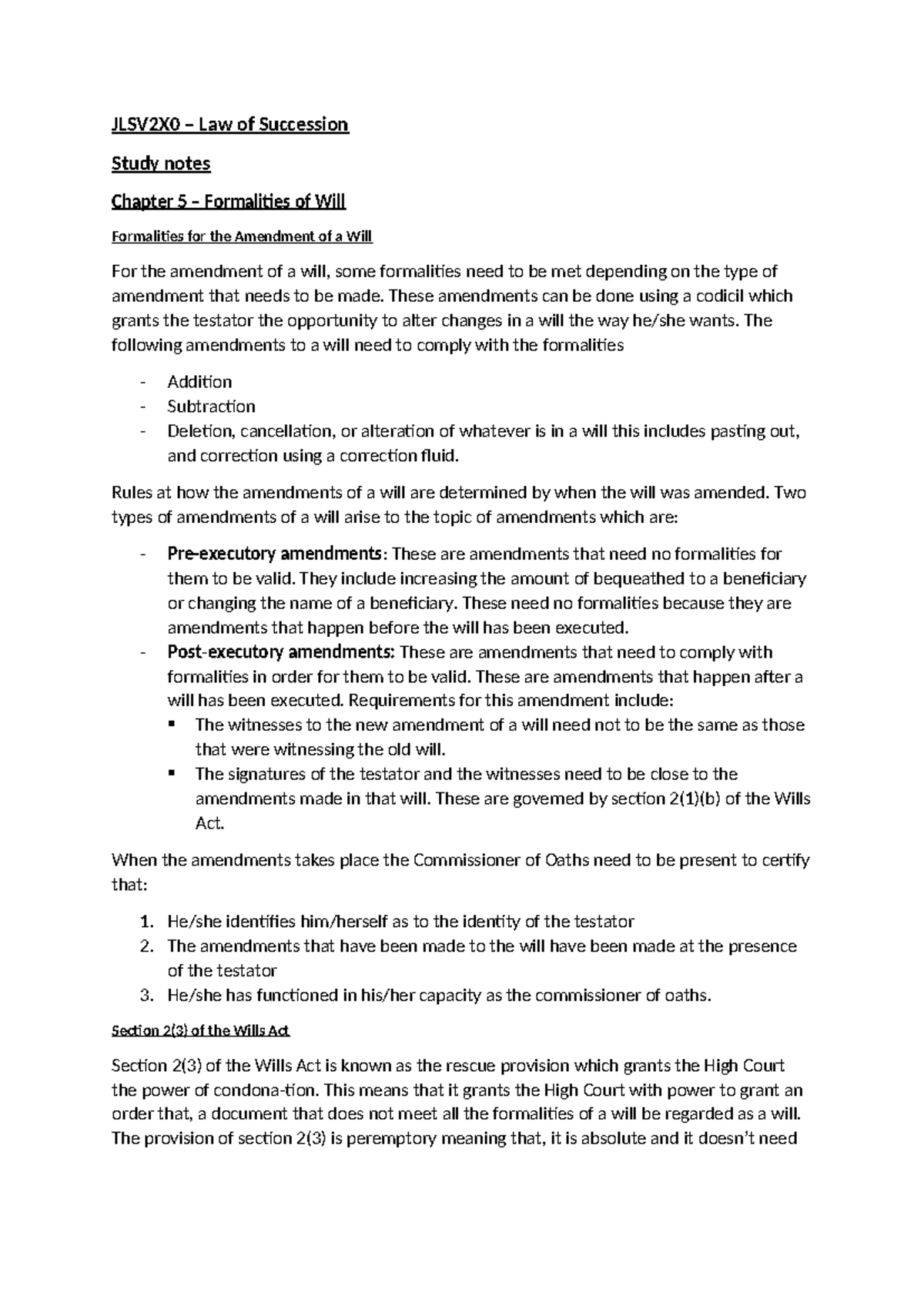 Study Notes Succession - JLSV2X0 – Law of Succession Study notes ...