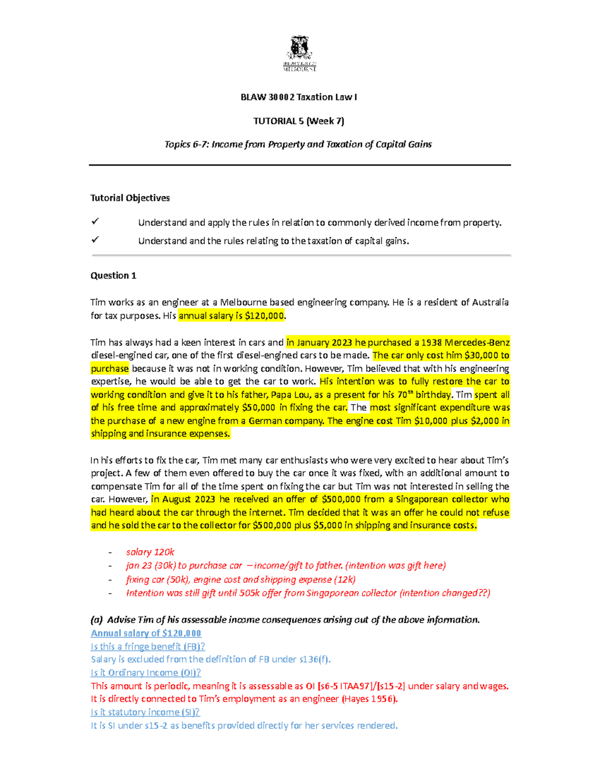 Tutorial 5 (Week 7) - BLAW 30002 Taxation Law I TUTORIAL 5 (Week 7 ...