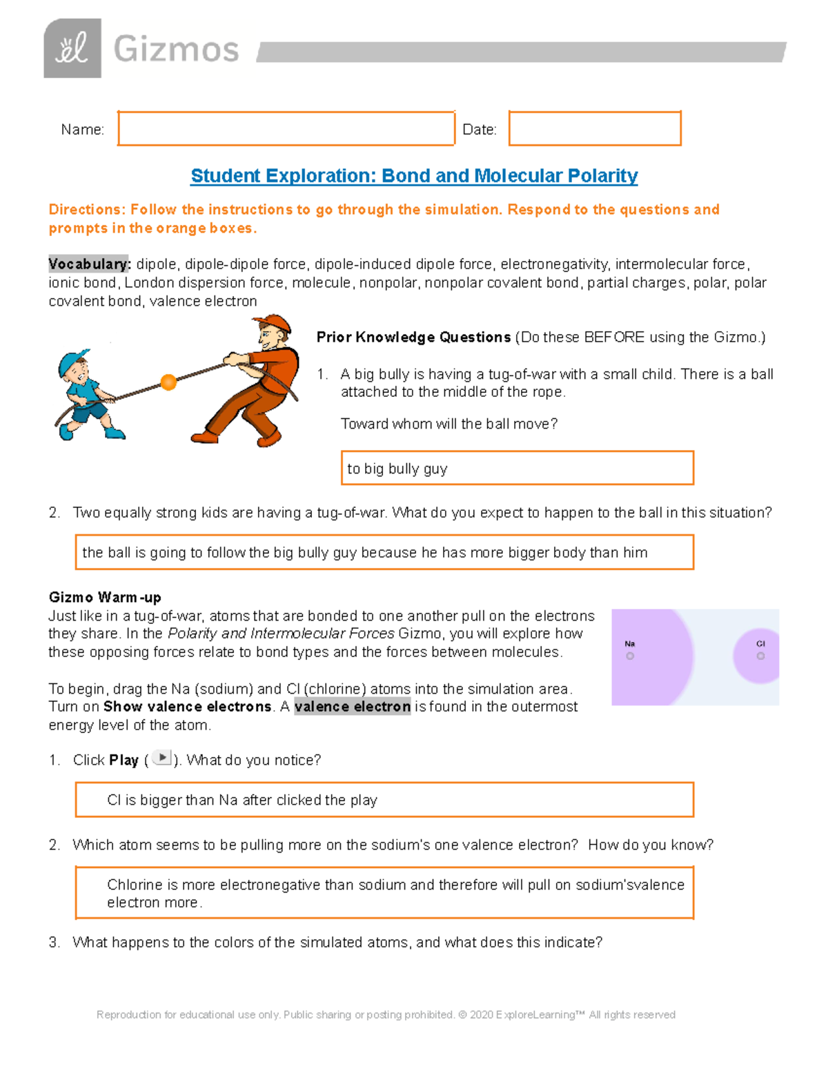SCH 3U - Gizmo - Bond and Molecular Polarity - Student Worksheet - Name ...