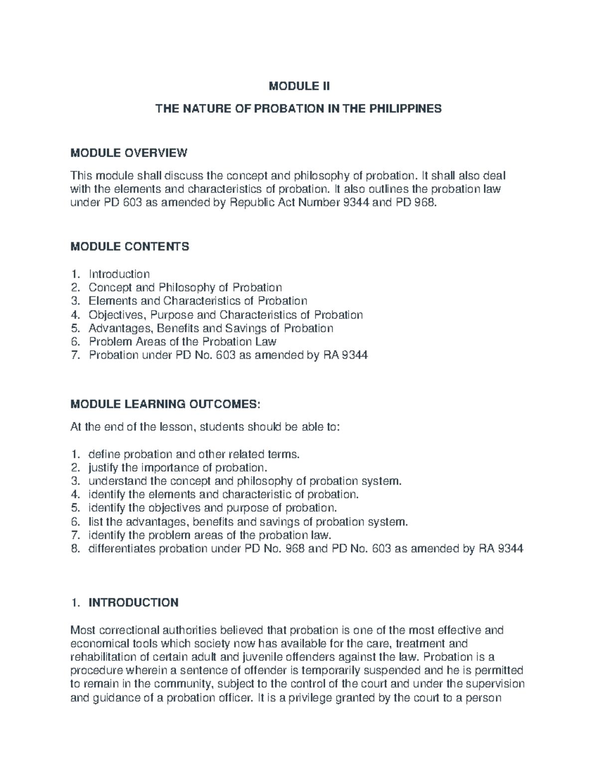 Module 2 - n/a - MODULE II THE NATURE OF PROBATION IN THE PHILIPPINES ...