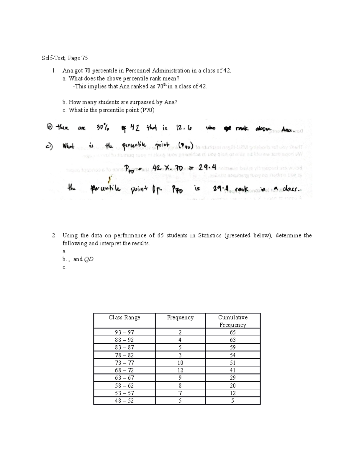 Self-Test 2 - Test - Self-Test, Page 75 Ana got 70 percentile in ...