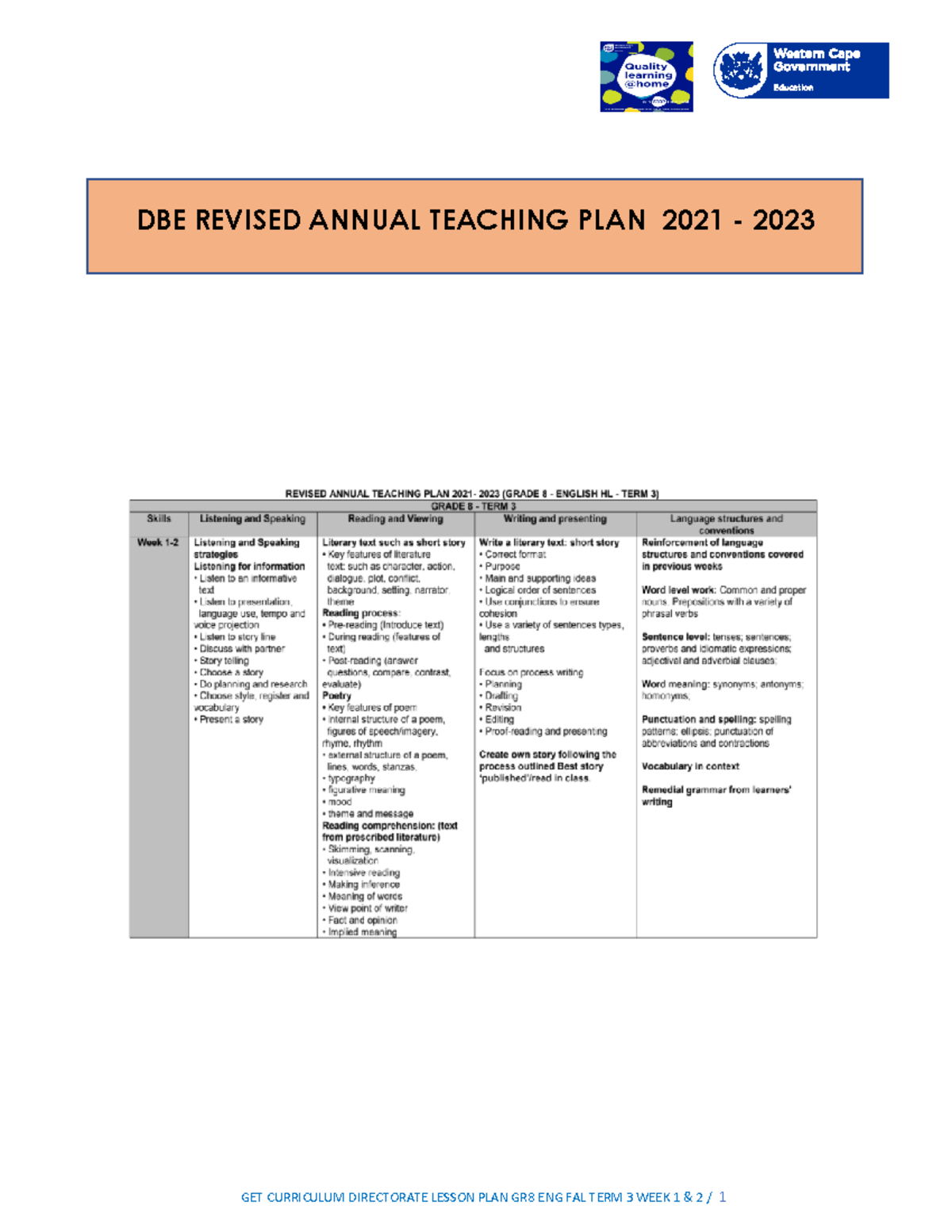 Lesson Plan Gr8 Eng FAL T3 W1 & 2 - DBE REVISED ANNUAL TEACHING PLAN ...