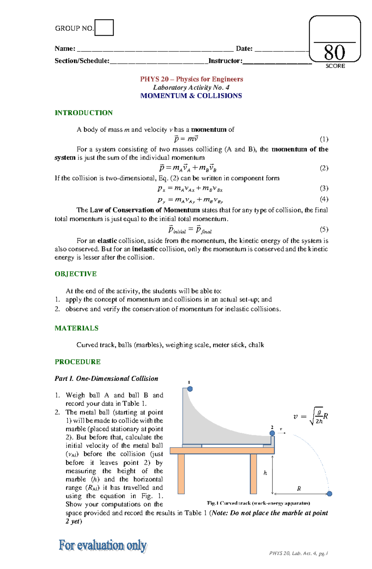 Phys20 - Activity 4 - Momentum and Collisions - For evaluation only ...