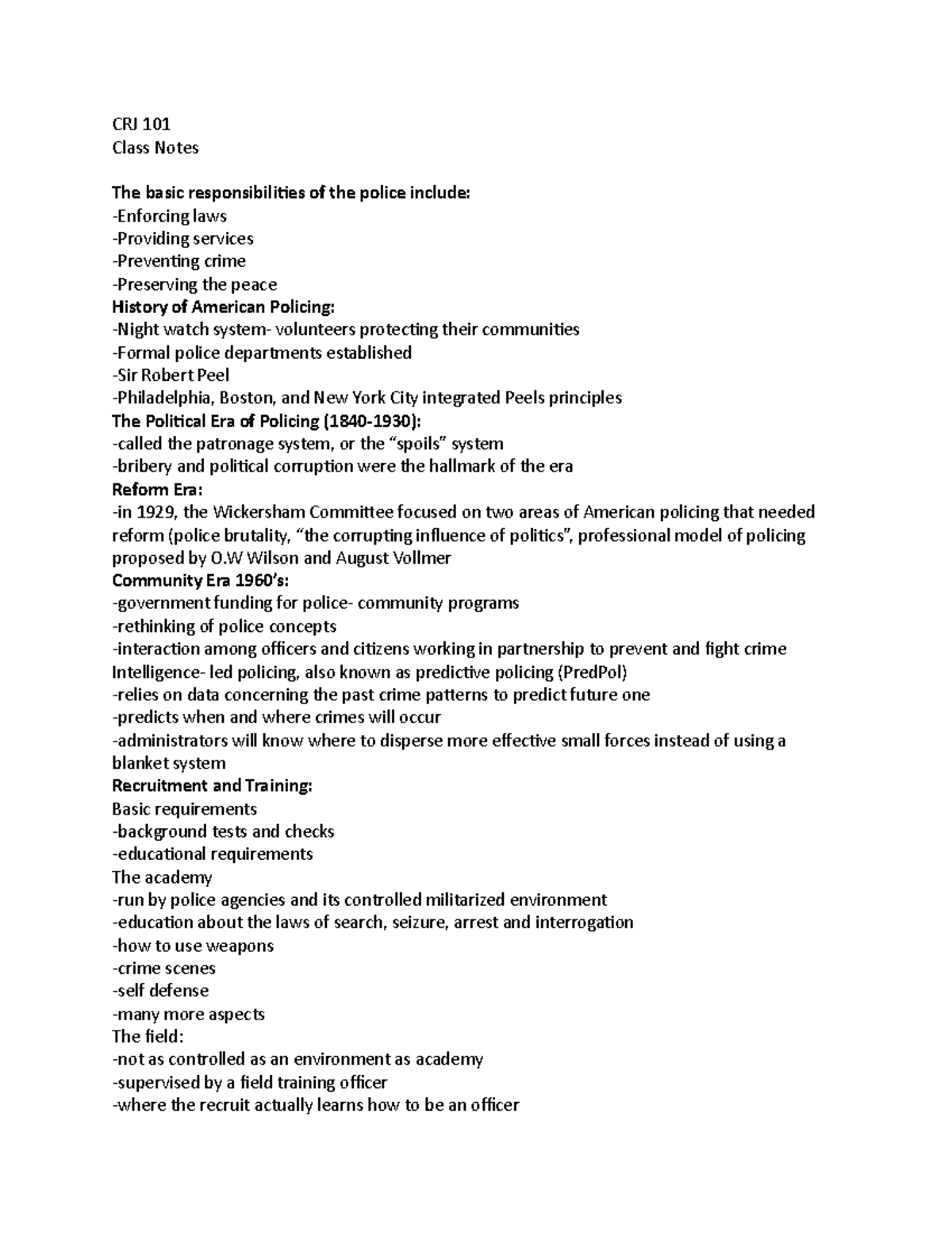 CRJ 101 - Class notes - CRJ 101 Class Notes The basic responsibilities ...