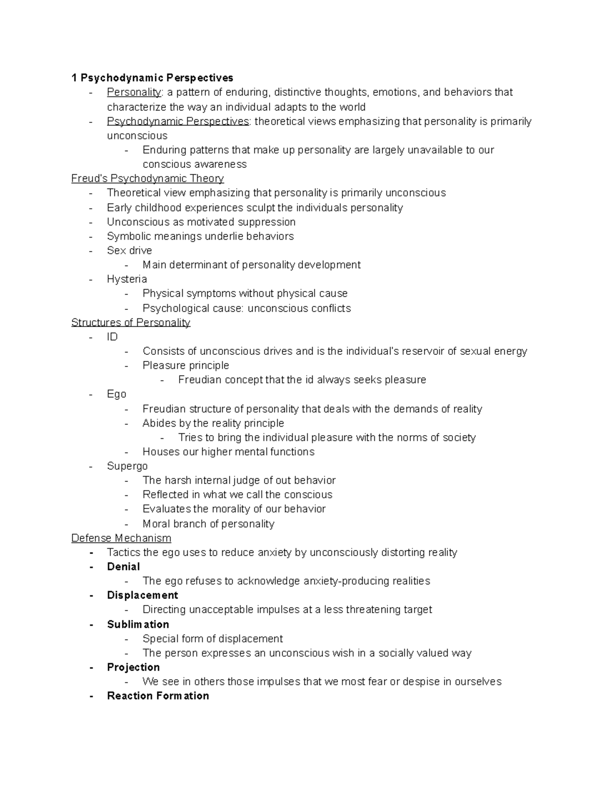 Chapter 10 - 1 Psychodynamic Perspectives - Personality: a pattern of ...