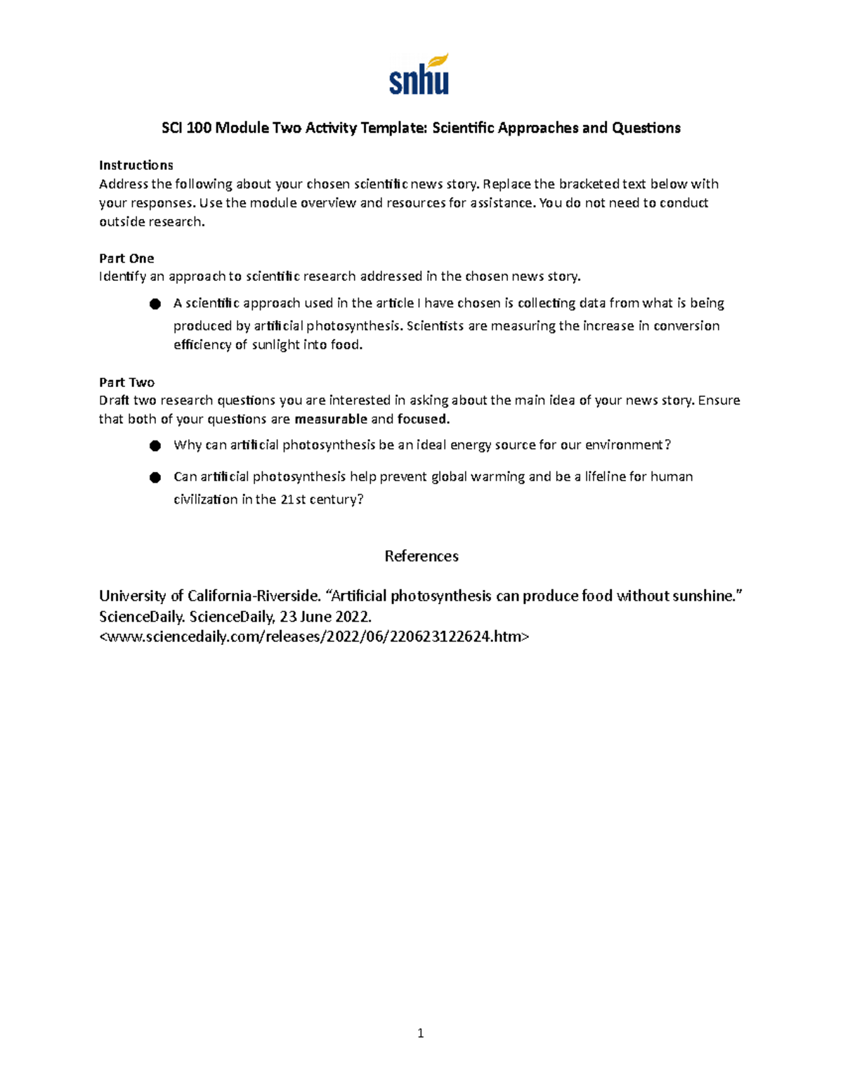Perspectives in Natural Science - SCI 100 Module Two Activity Template: Scientific Approaches ...