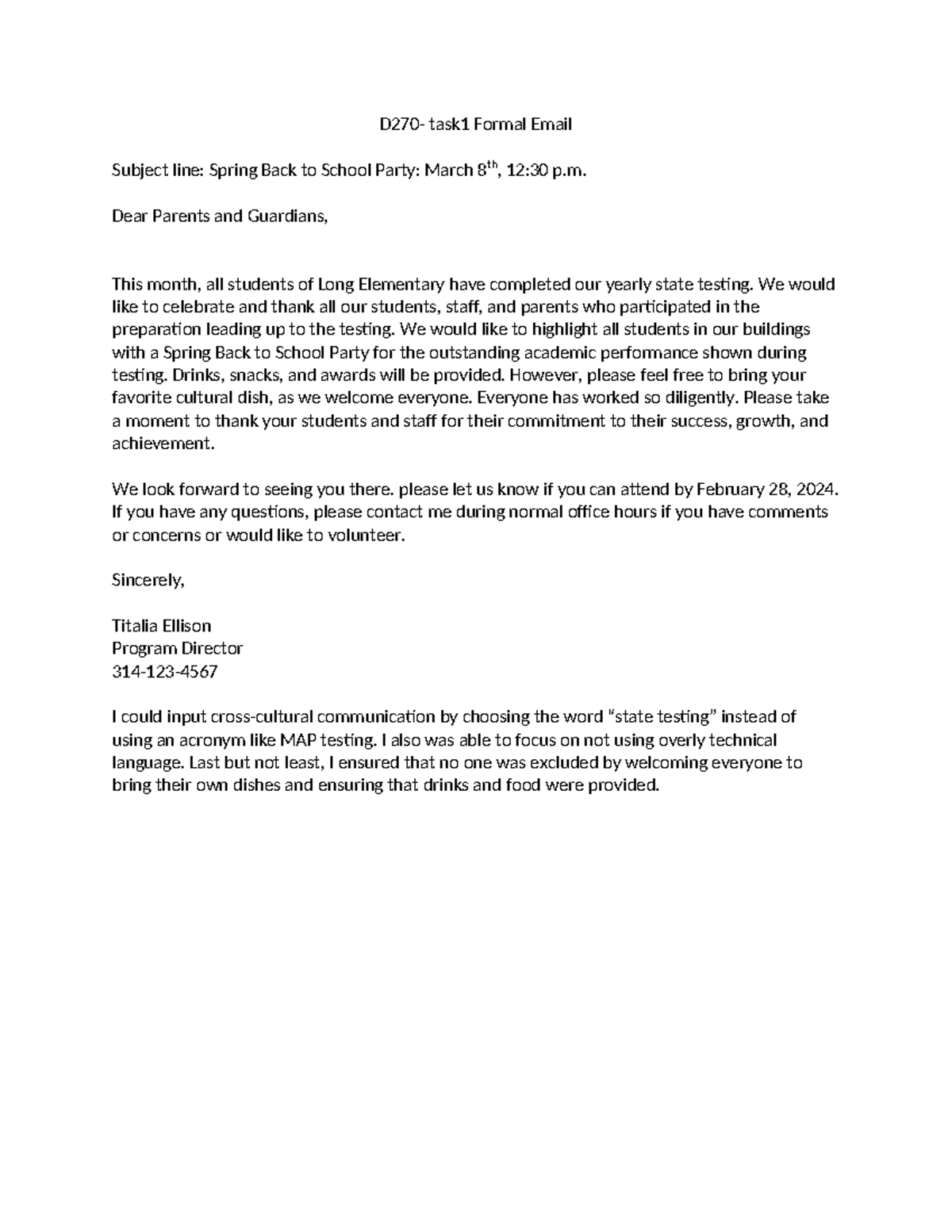 D270 -Task1 - task 1 - D270- task1 Formal Email Subject line: Spring ...