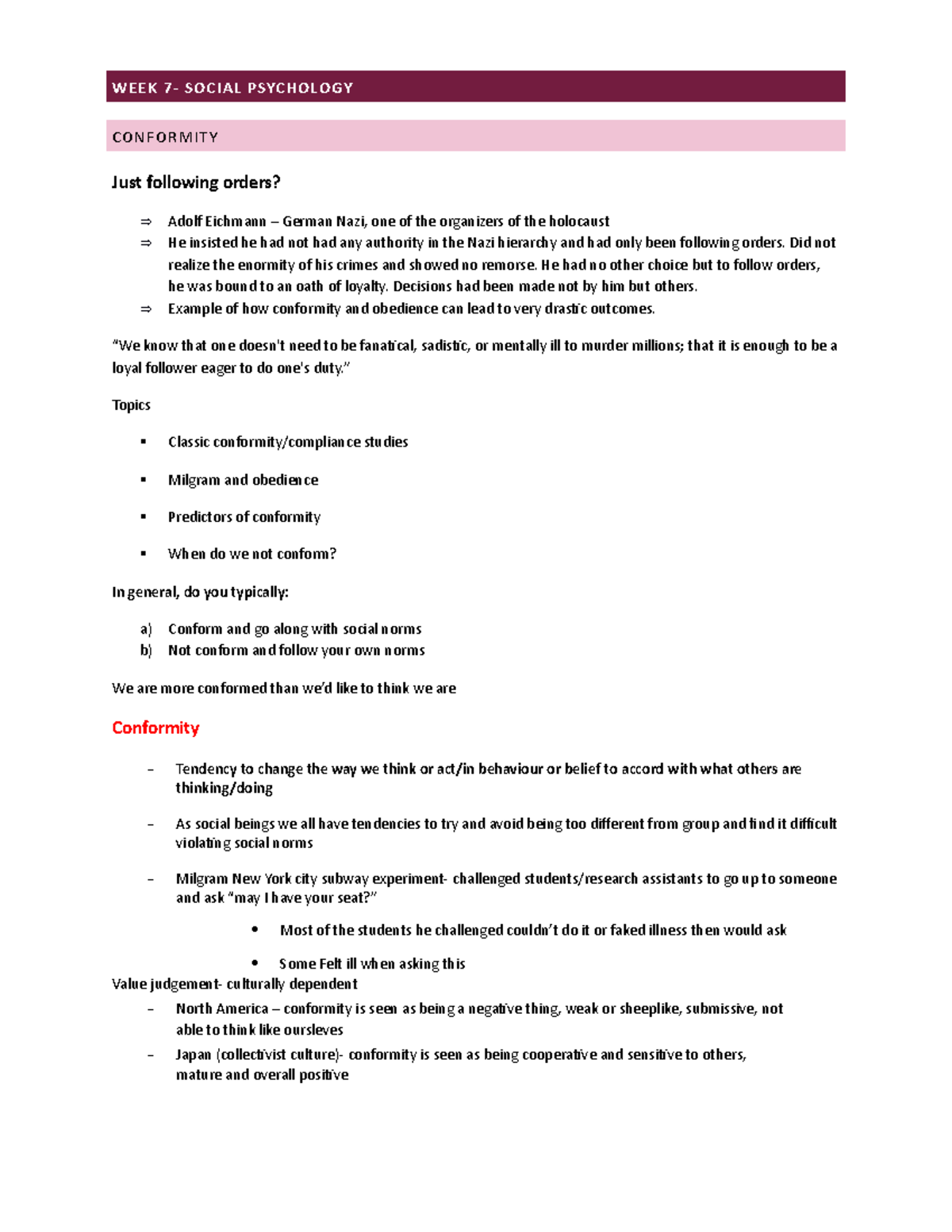 Week 7- Conformity Social Psychology Lecture - WEEK 7- SOCIAL ...