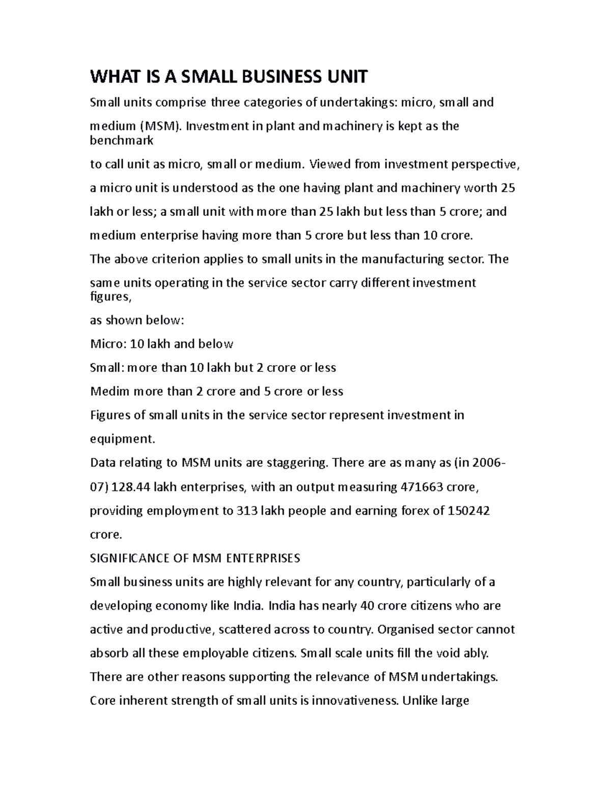 WHAT IS A Small Business UNIT notes - WHAT IS A SMALL BUSINESS UNIT ...