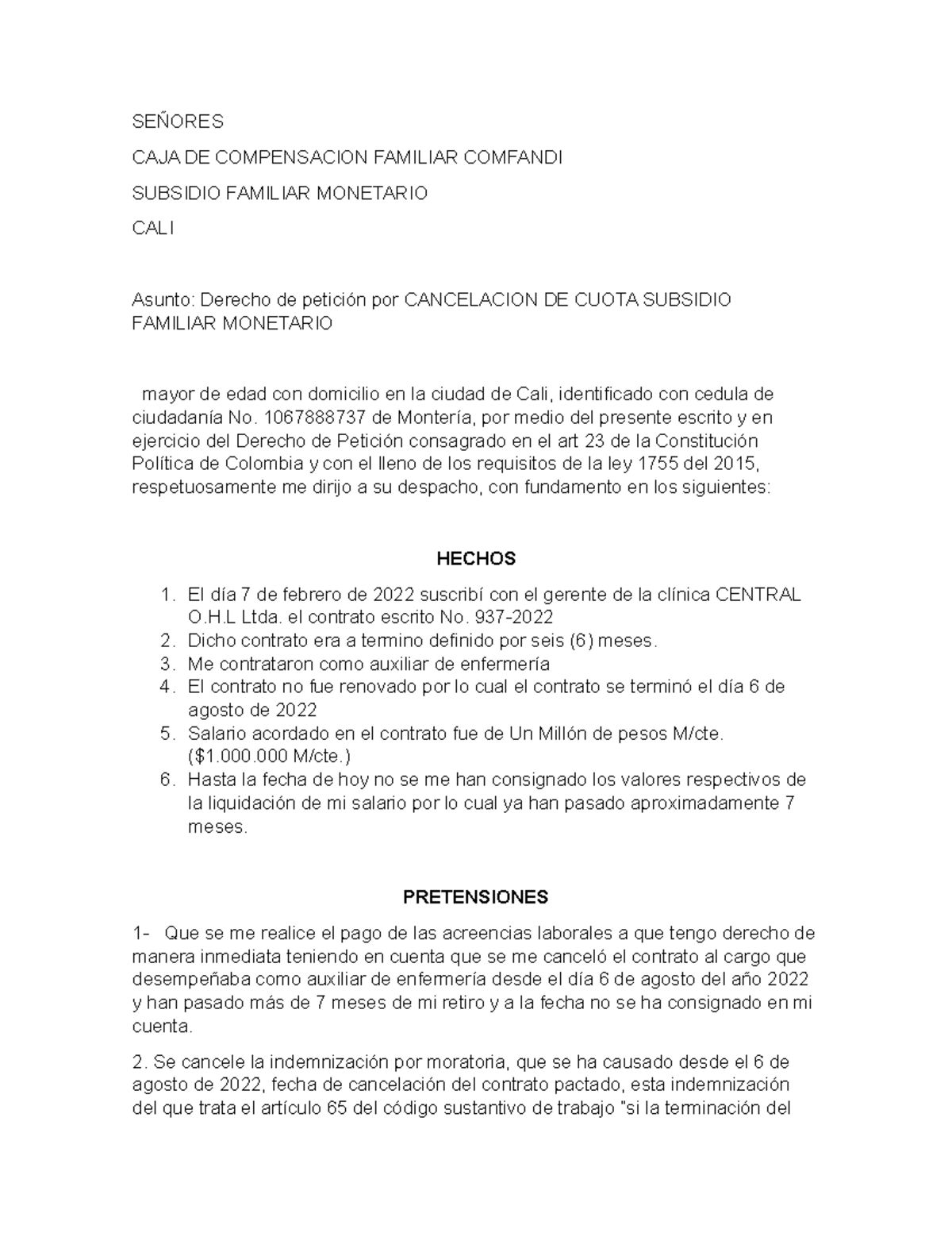 Derecho DE Peticion Yesenia Laboral - SEÑORES CAJA DE COMPENSACION ...