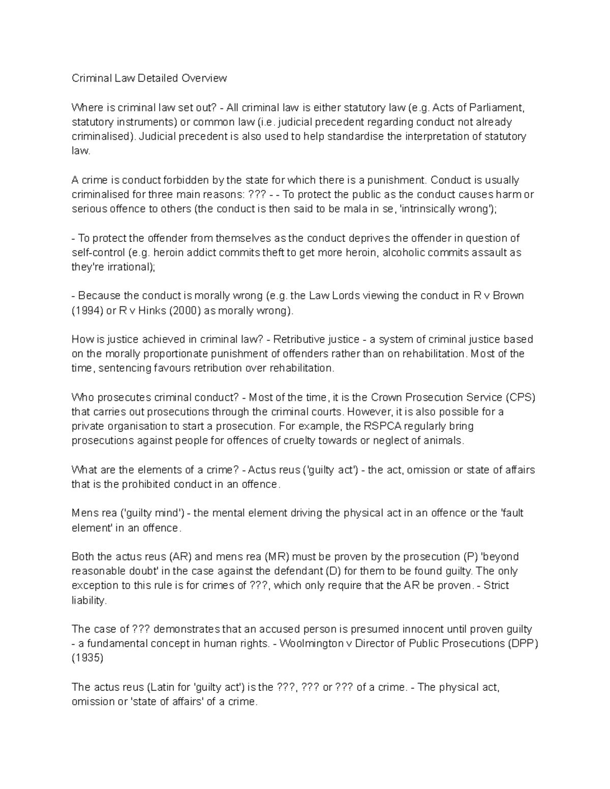 Criminal Law Detailed Overview - Acts of Parliament, statutory ...