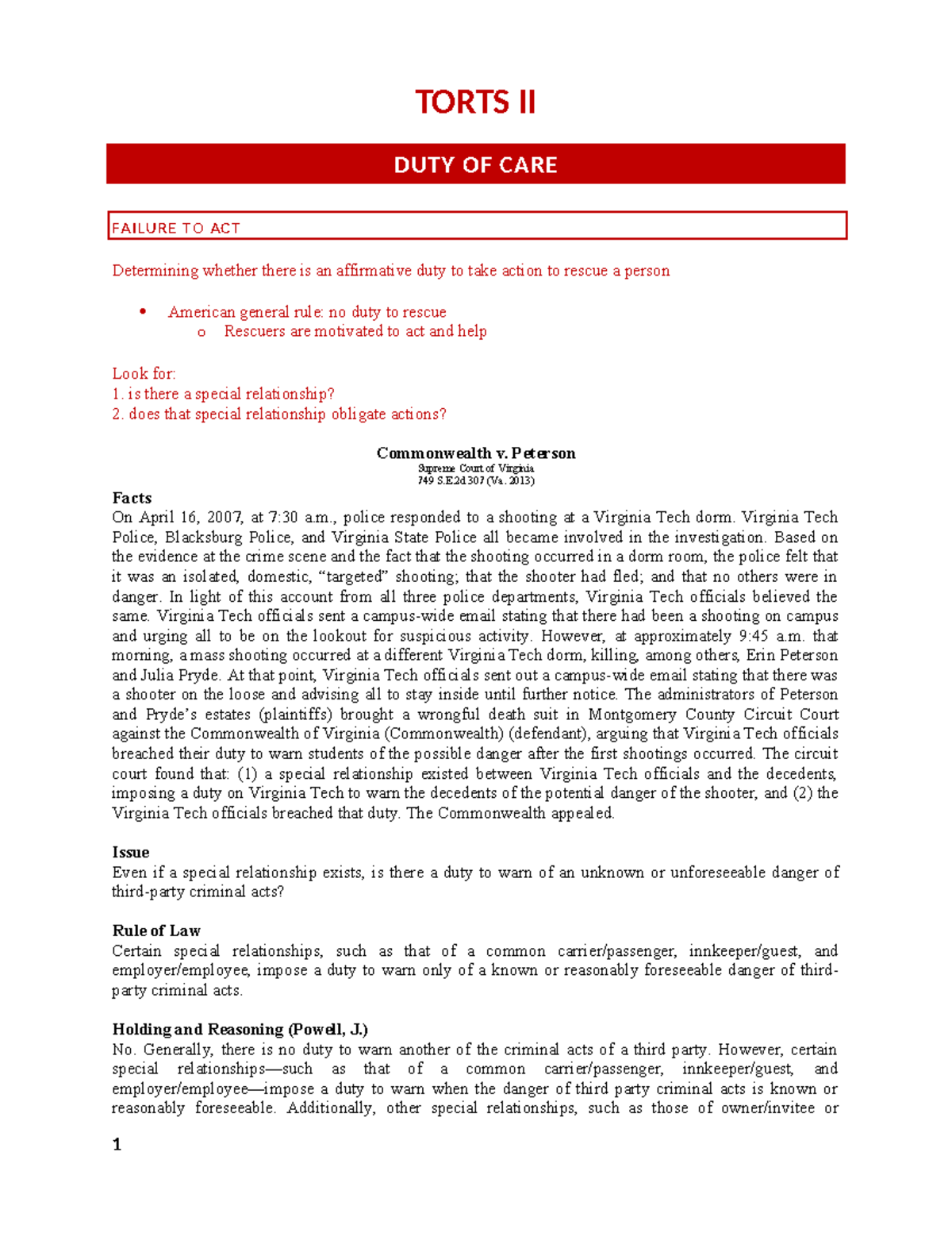 Torts II notes - TORTS II DUTY OF CARE FAILURE TO ACT Determining ...