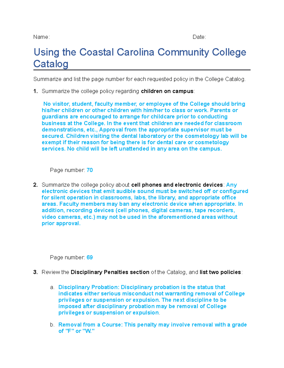 College Catalog Assignment - Name: Date: Using the Coastal Carolina ...