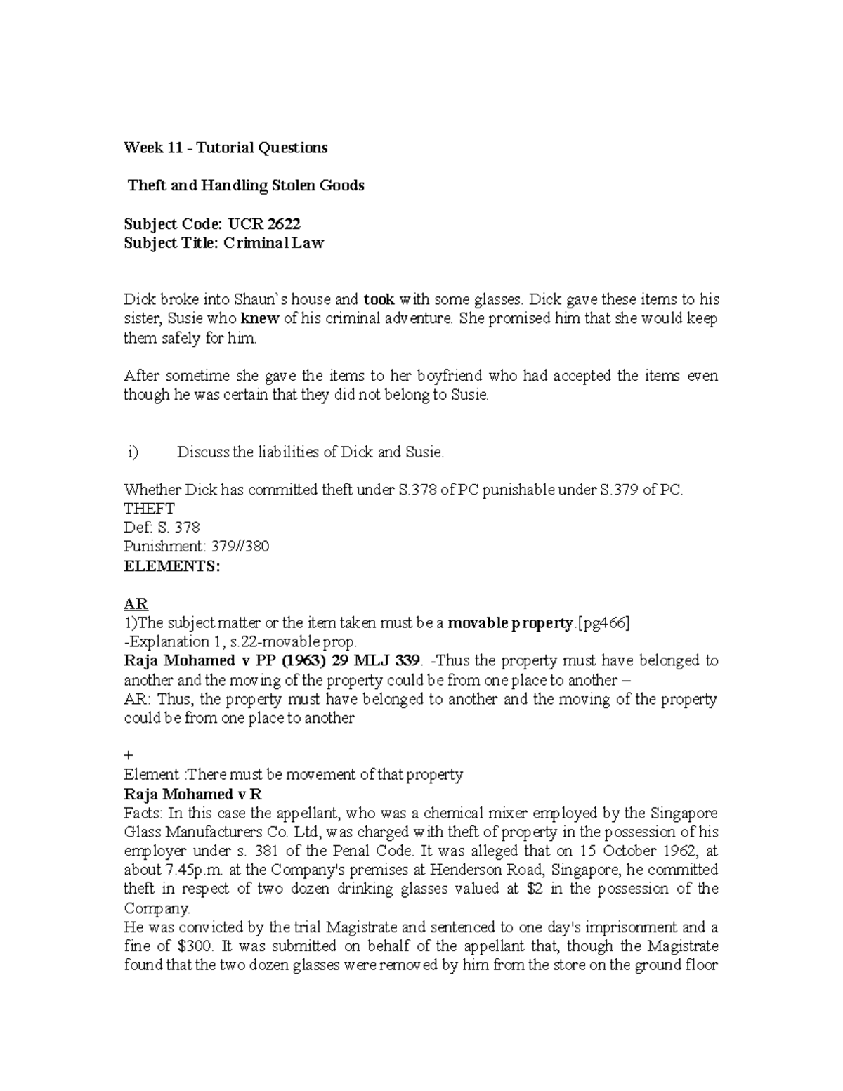 365584 Tutorial Questions- Theft and Handling Stolen Goods - Criminal ...