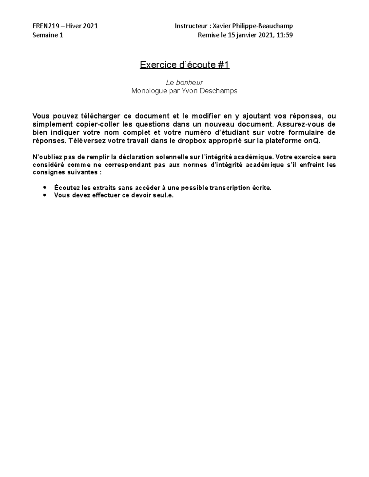 Exercice d’écoute 1 - Semaine 1 Remise le 15 janvier 2021, 11: Exercice ...