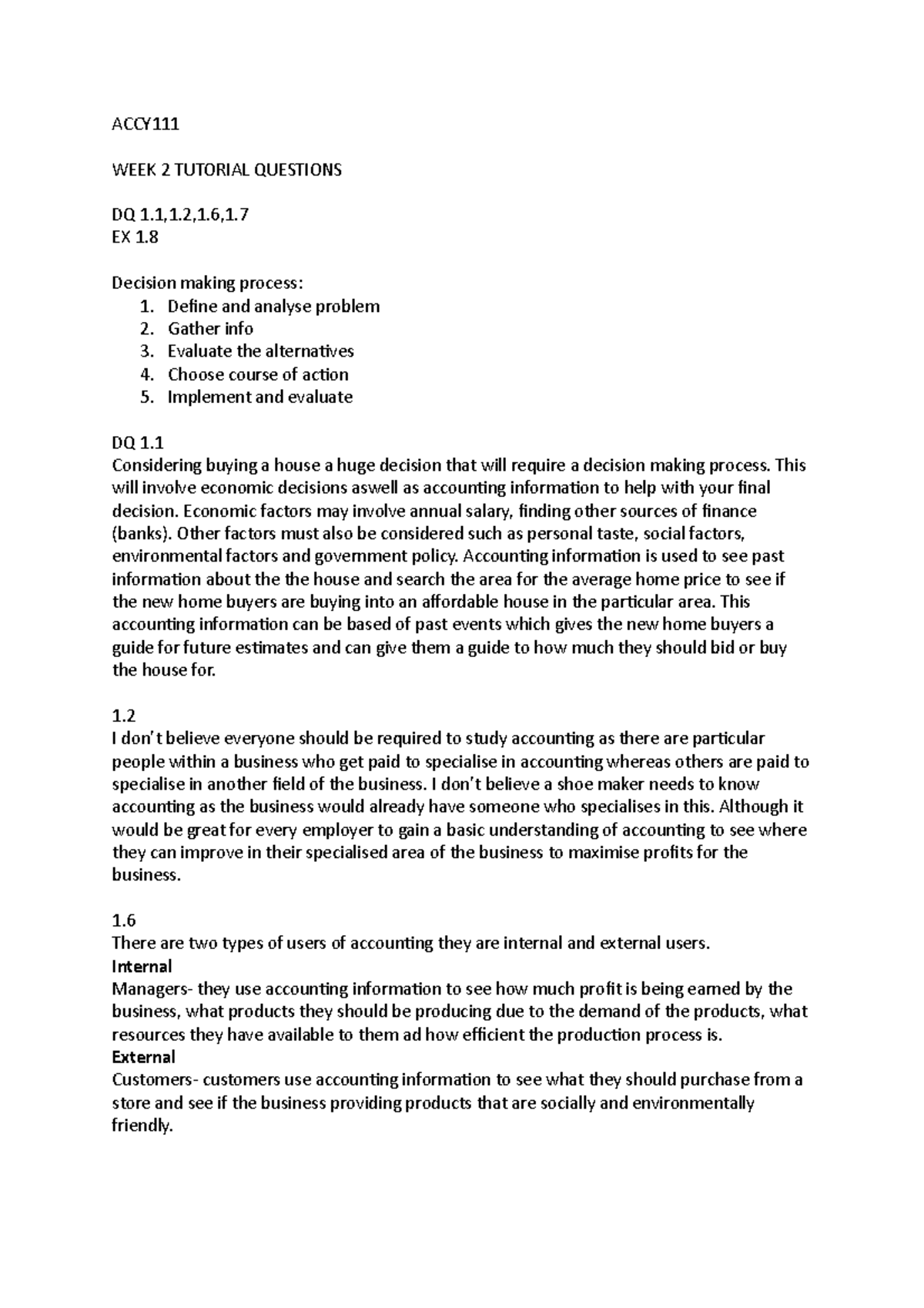 ACCY111 - this is week 2 tutorial questions answered - ACCY WEEK 2 TUTORIAL QUESTIONS DQ 1,1,1,1 ...