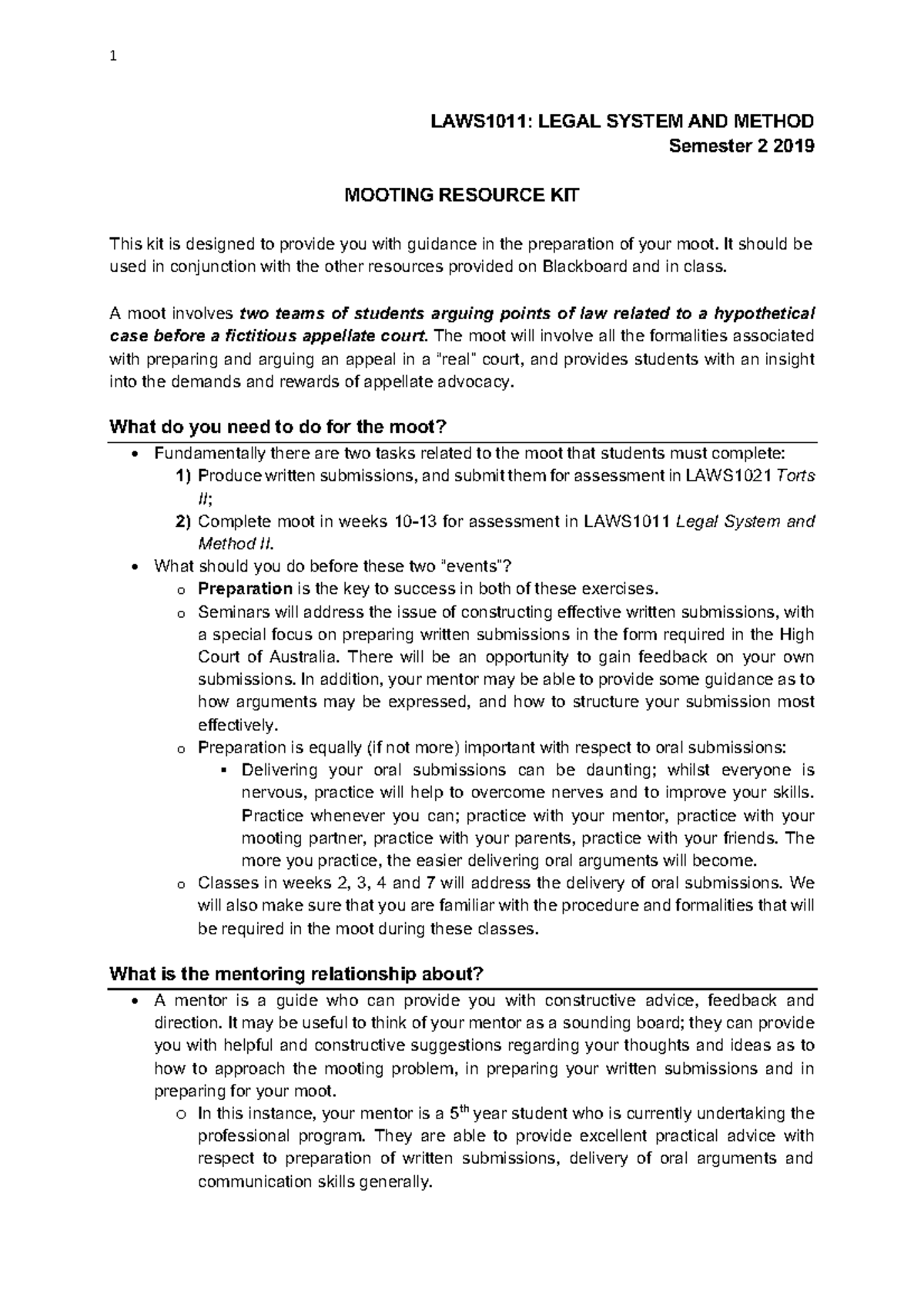 Mooting resource kit 2019 - Warning: TT: undefined function: 32 LAWS1011: LEGAL SYSTEM AND ...