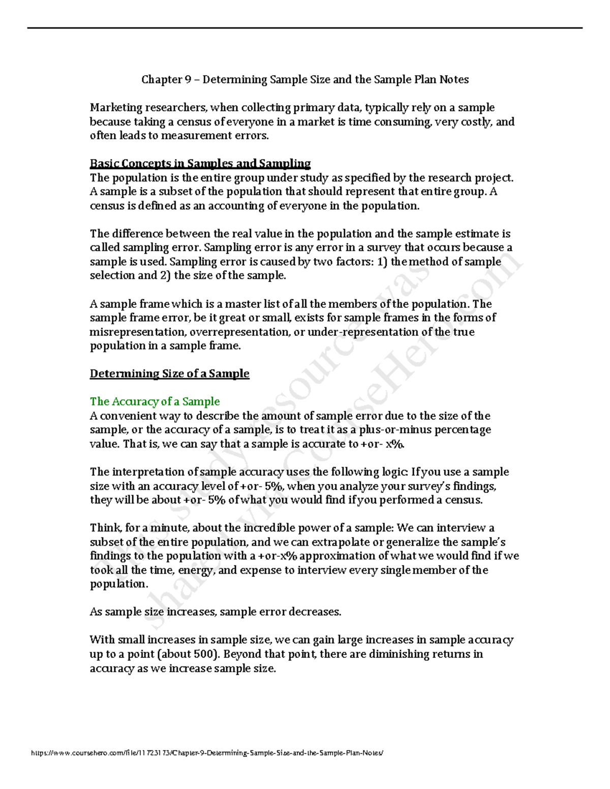 Chapter 9 Determining Sample Size and the Sample Plan Notes - Chapter 9 ...