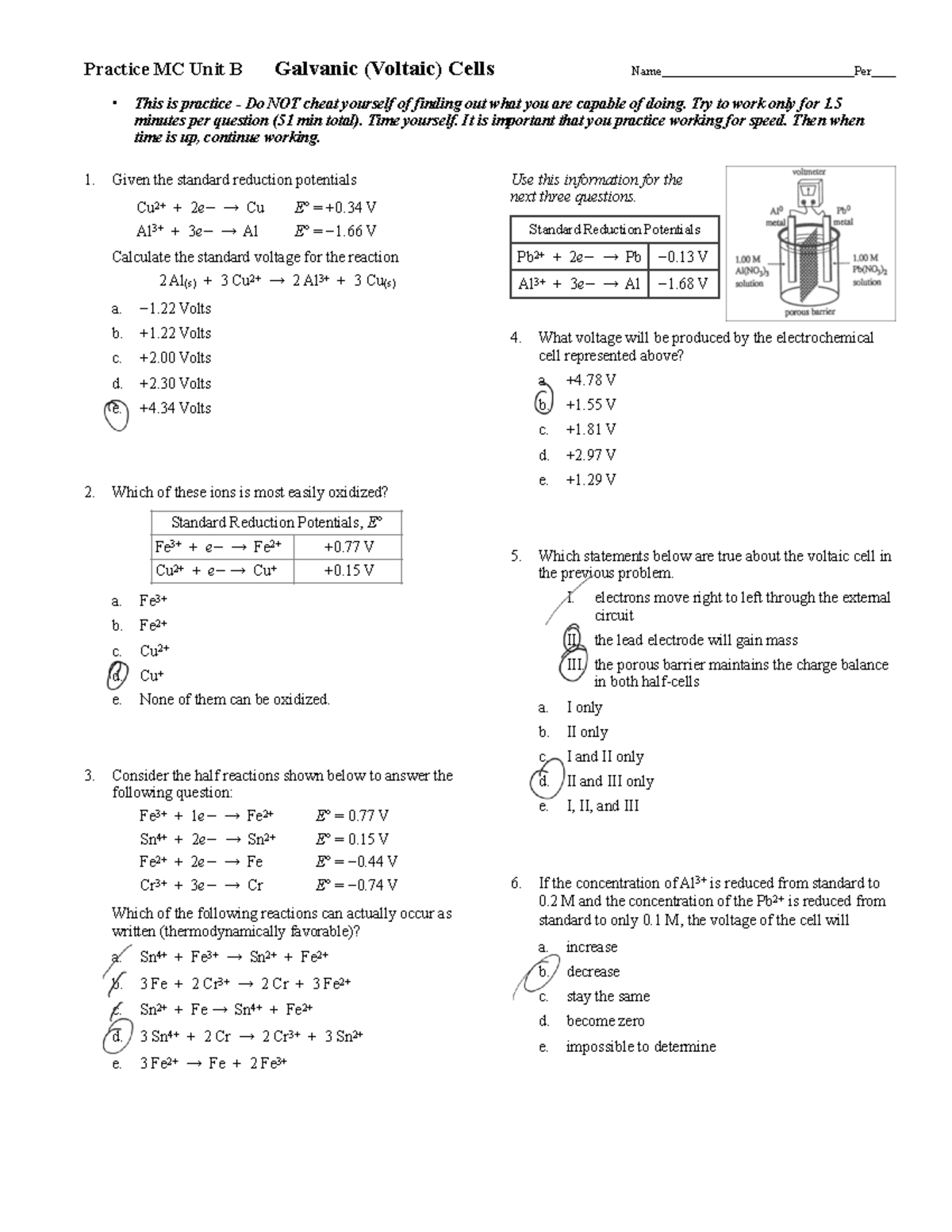 Mc B 2 - Ap Chem test prep. - Practice MC Unit B Galvanic (Voltaic ...
