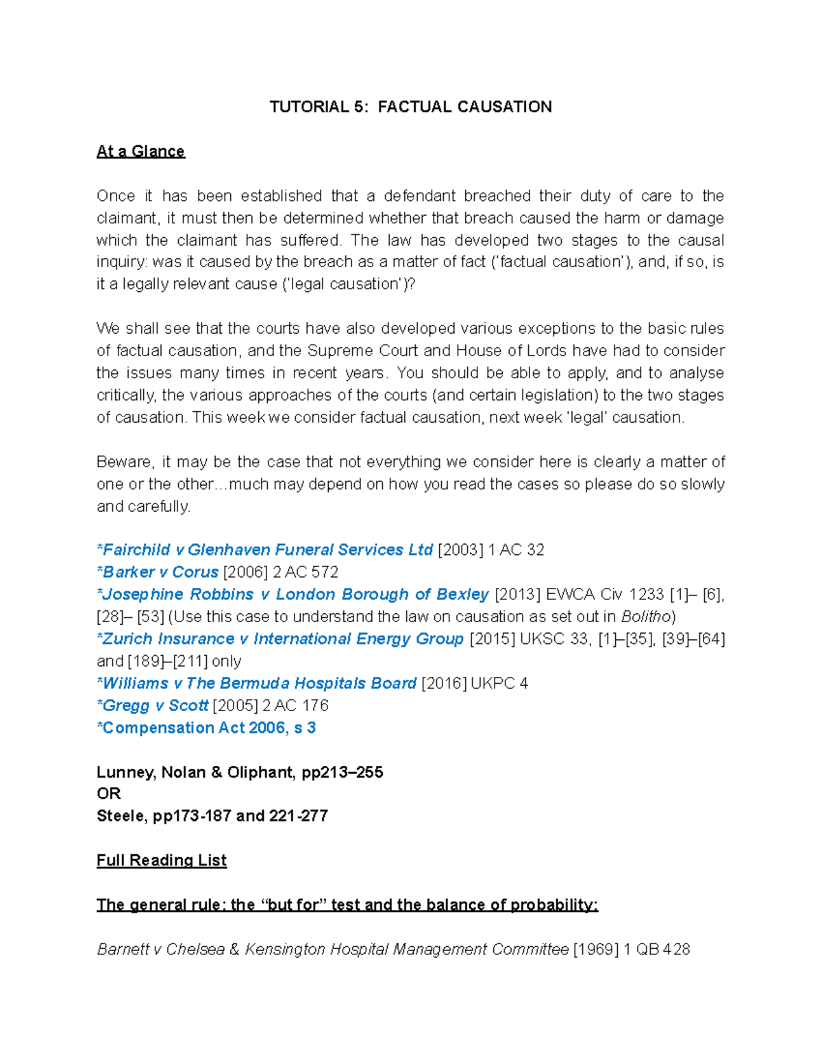 Tort Tutorial November 13th Factual Causation - TUTORIAL 5: FACTUAL ...