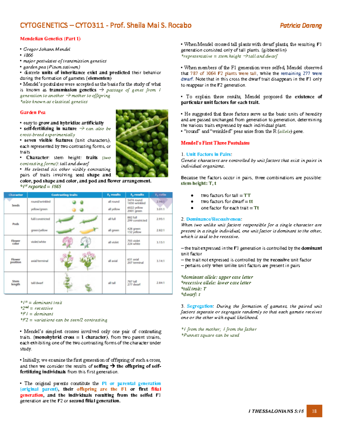 Cyto midterm - Mendelian Genetics (Part 1) Gregor Johann Mendel 1866 ...