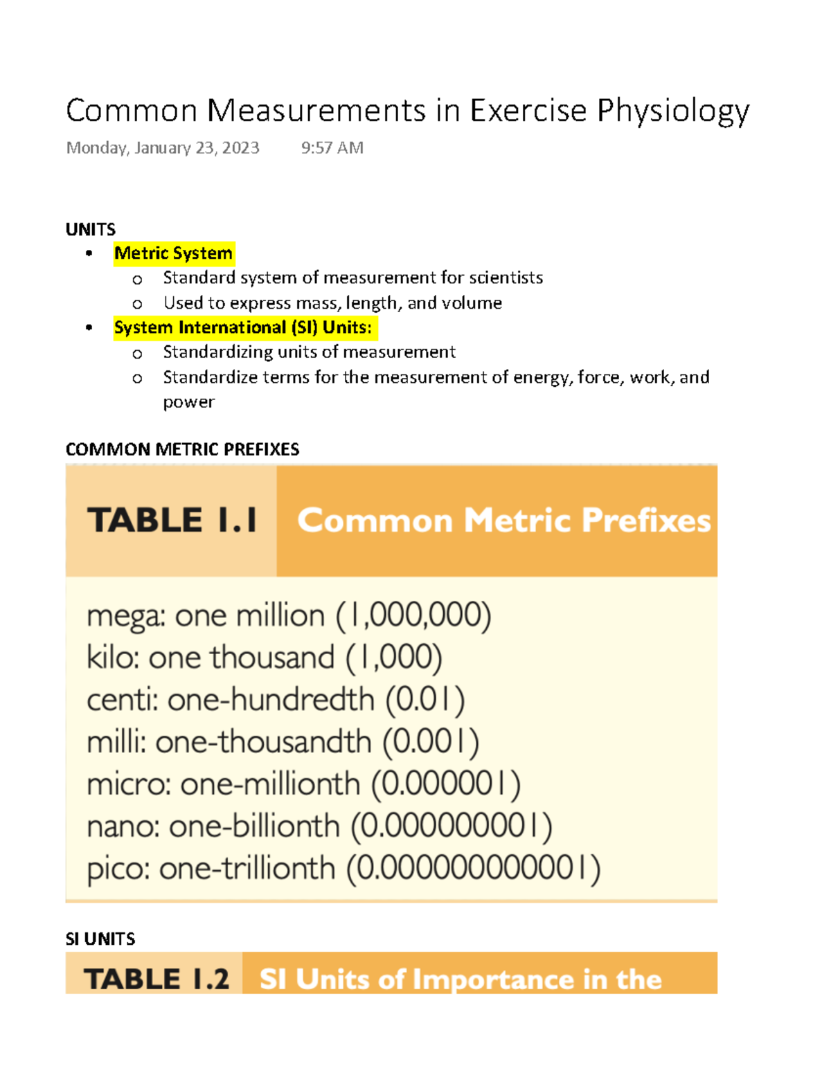 Common Measurements in Exercise Physiology - UNITS Metric System ...