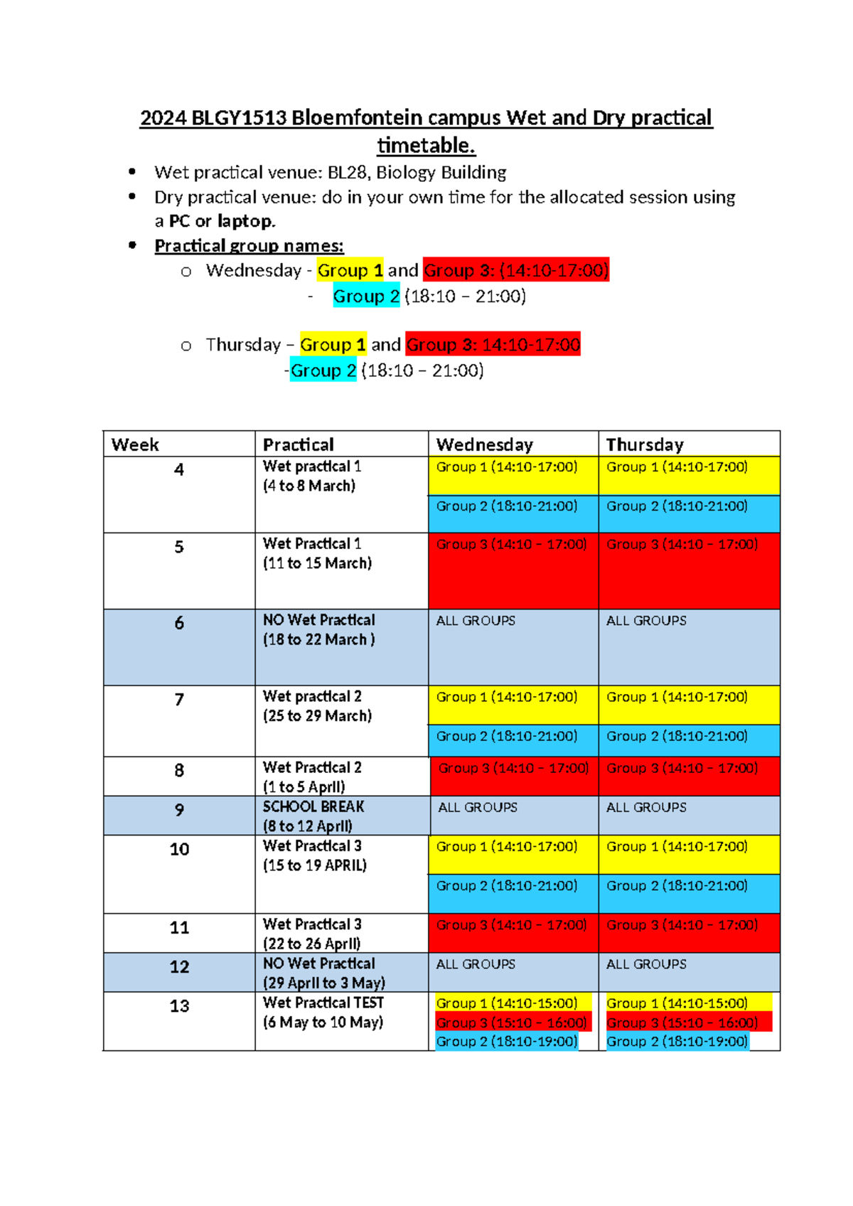 BFN Practical schedule 2024 - Final - 2024 BLGY1513 Bloemfontein campus ...