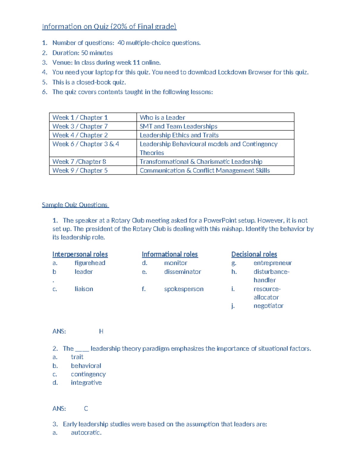 Quiz Infor & Sample Qns Jan2024 - Information on Quiz (20% of Final ...