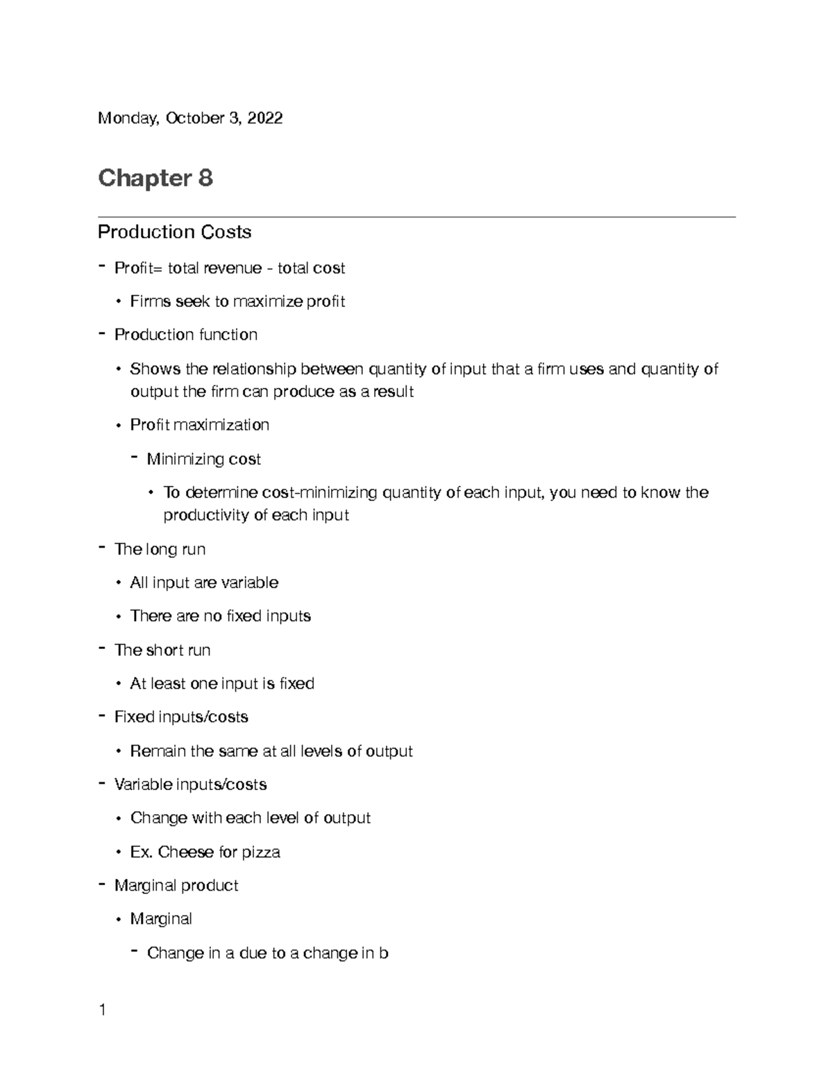 economics chapter 8 - Monday, October 3, 2022 Chapter 8 Production ...