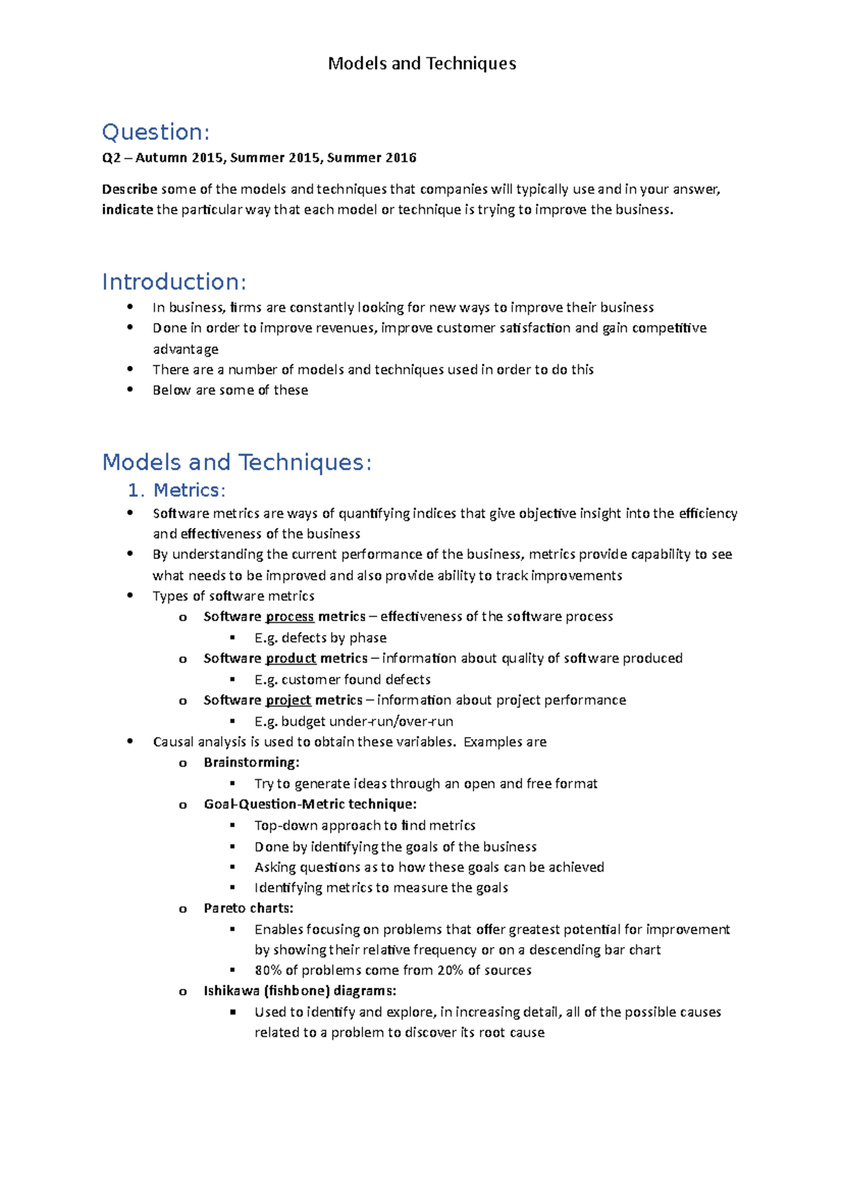 Sample Q's & Answers - Models & Techniques - Models and Techniques ...
