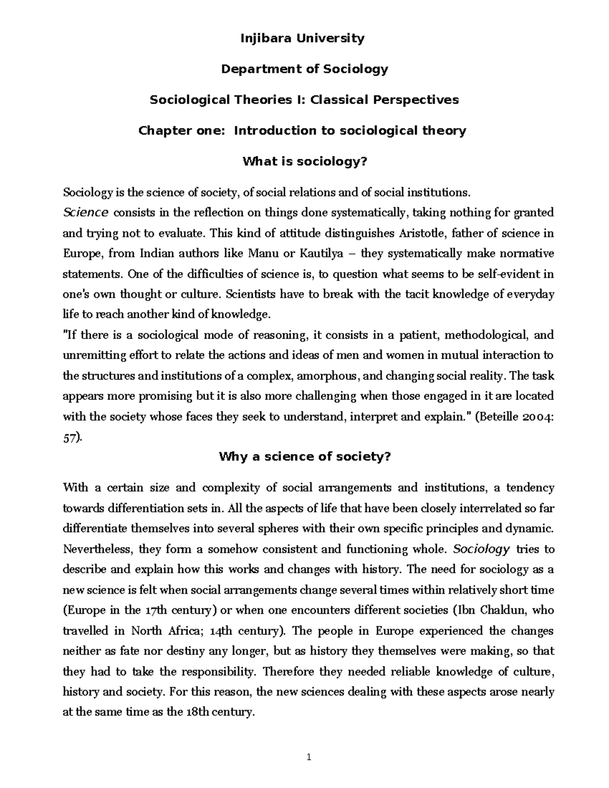 Sociological Theory I Handout - Injibara University Department of ...