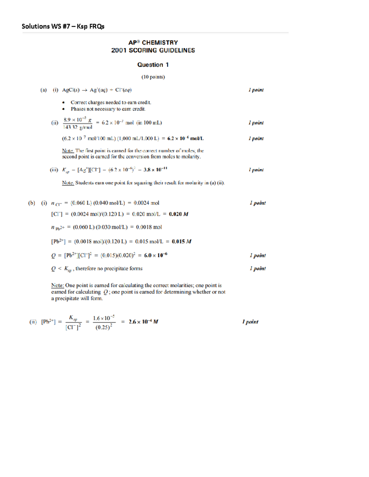 Solutions WS 7 FRQs College Board KEY - Solutions WS #7 – Ksp FRQs ...