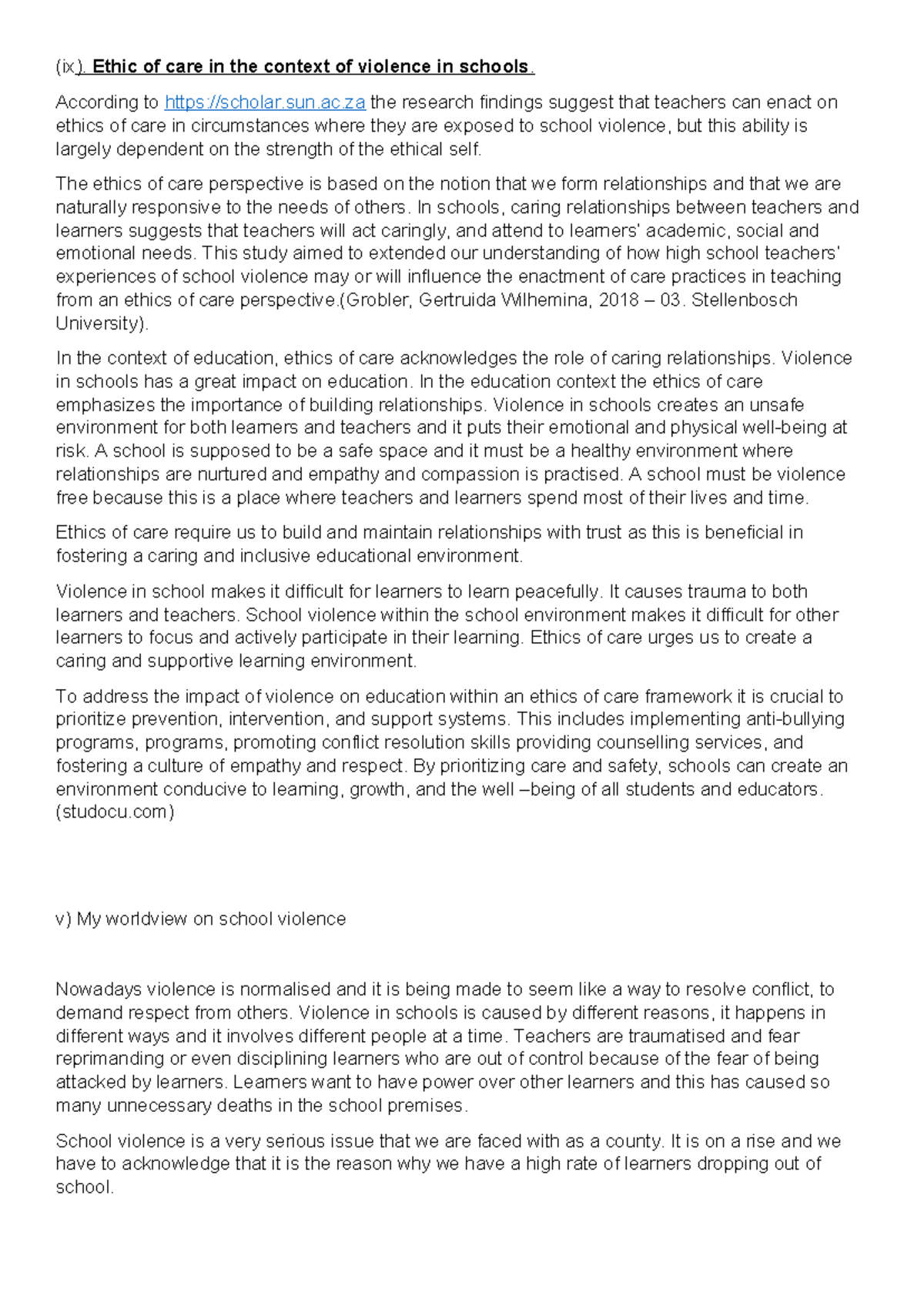 UTEW 221 - WORLD S VIEW - (ix). Ethic of care in the context of ...