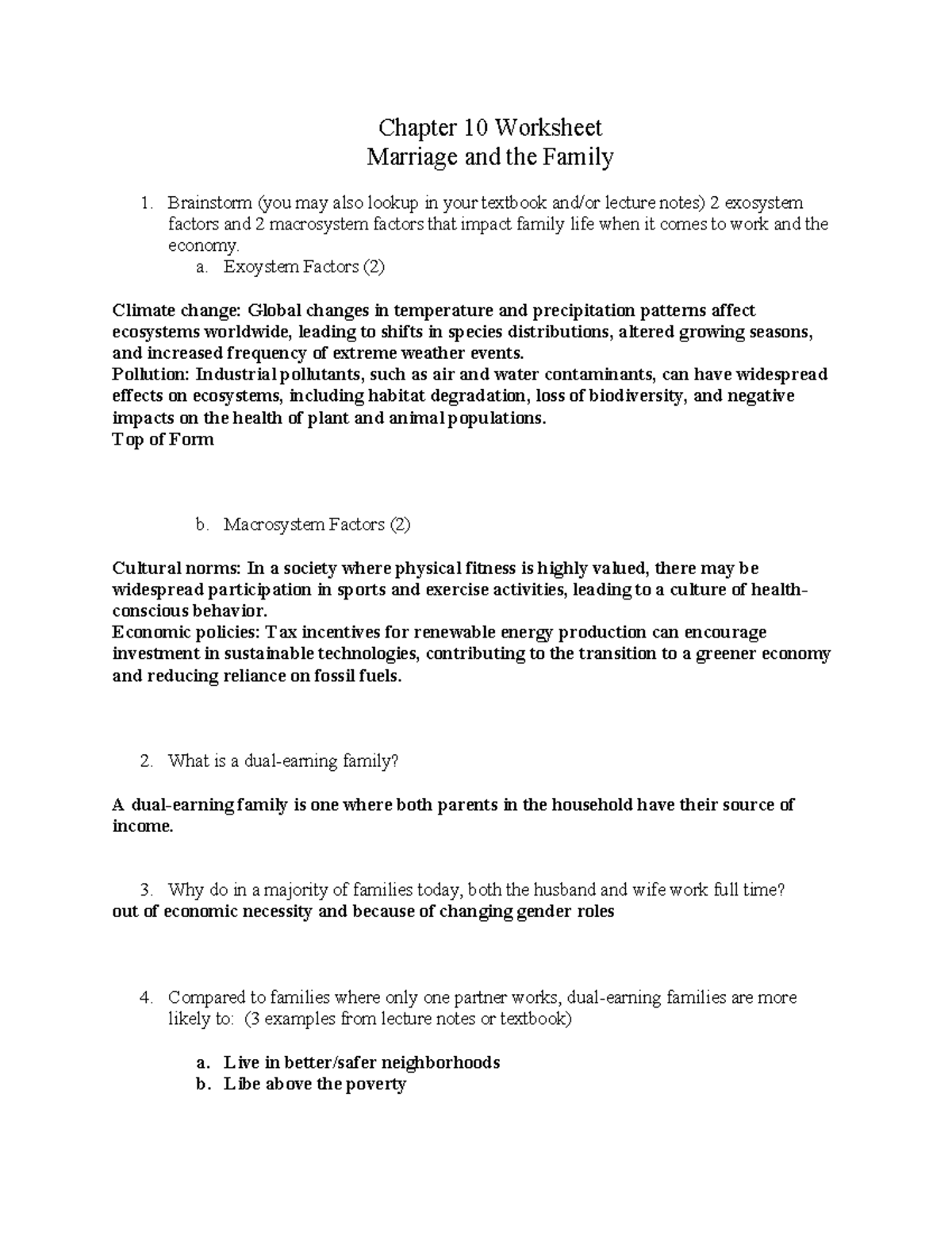 Chapter 10 Worksheet - Chapter 10 Worksheet Marriage and the Family Brainstorm (you may also ...
