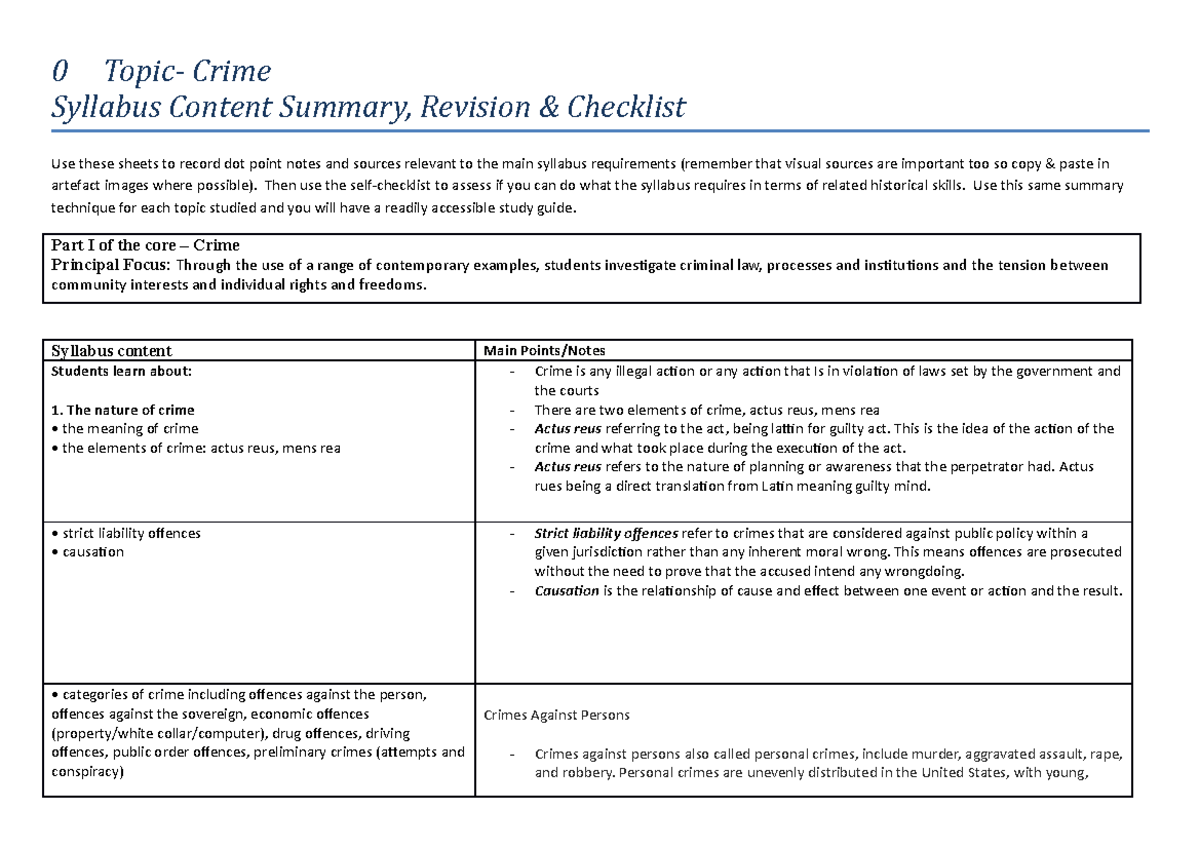 Crime - Summary Sheet HSC - 0 Topic- Crime Syllabus Content Summary ...