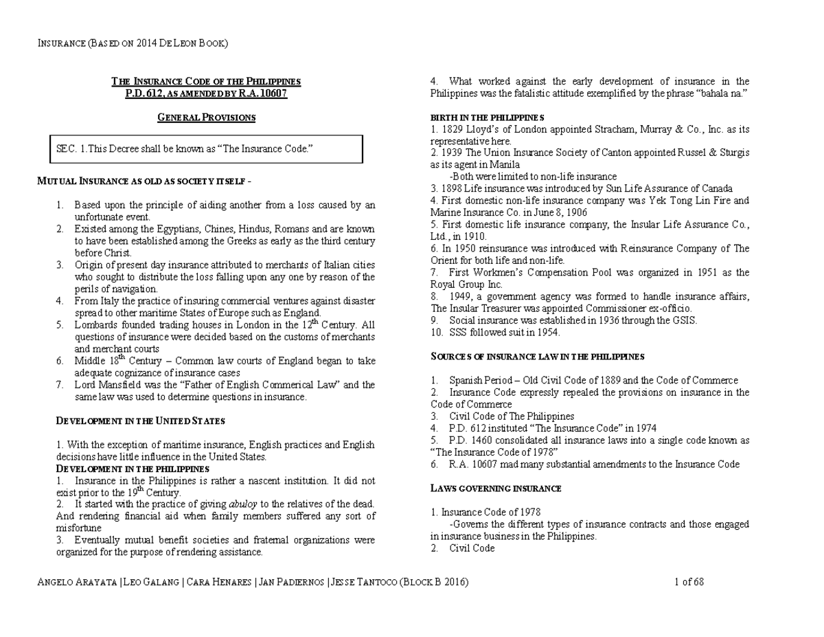 Insurance de leon pdf free - THE INSURANCE CODE OF THE PHILIPPINES P ...
