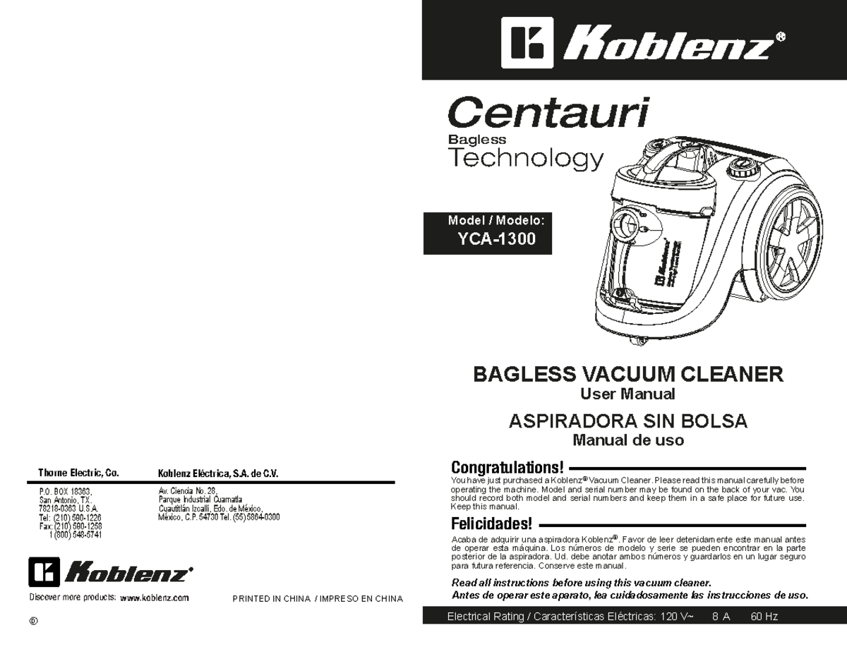 D Manual Centauri 02 24 - BAGLESS VACUUM CLEANER User Manual ASPIRADORA SIN BOLSA Manual de uso ...