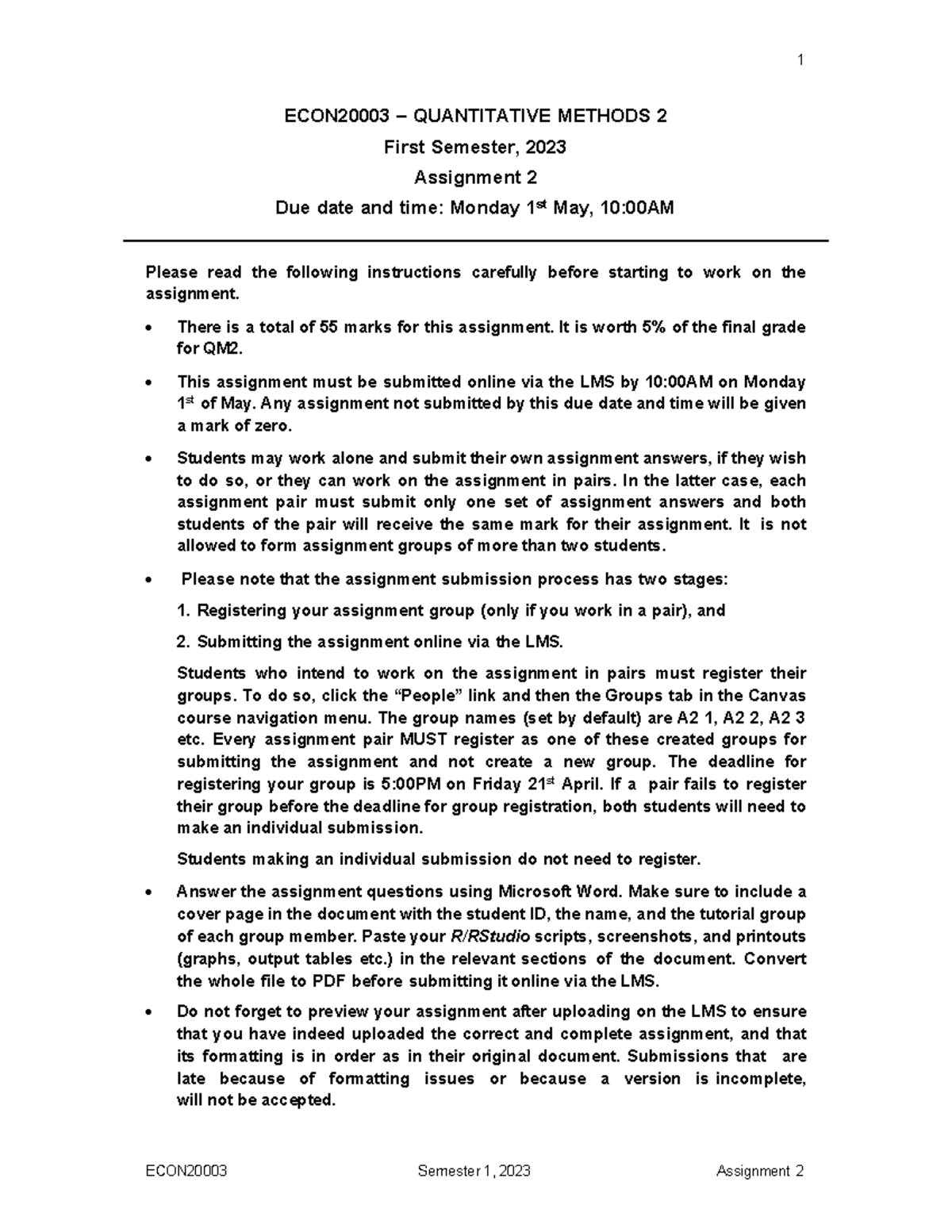 Assignment 2 - number 2 - ECON20003 – QUANTITATIVE METHODS 2 First Semester, 2023 Assignment 2 ...