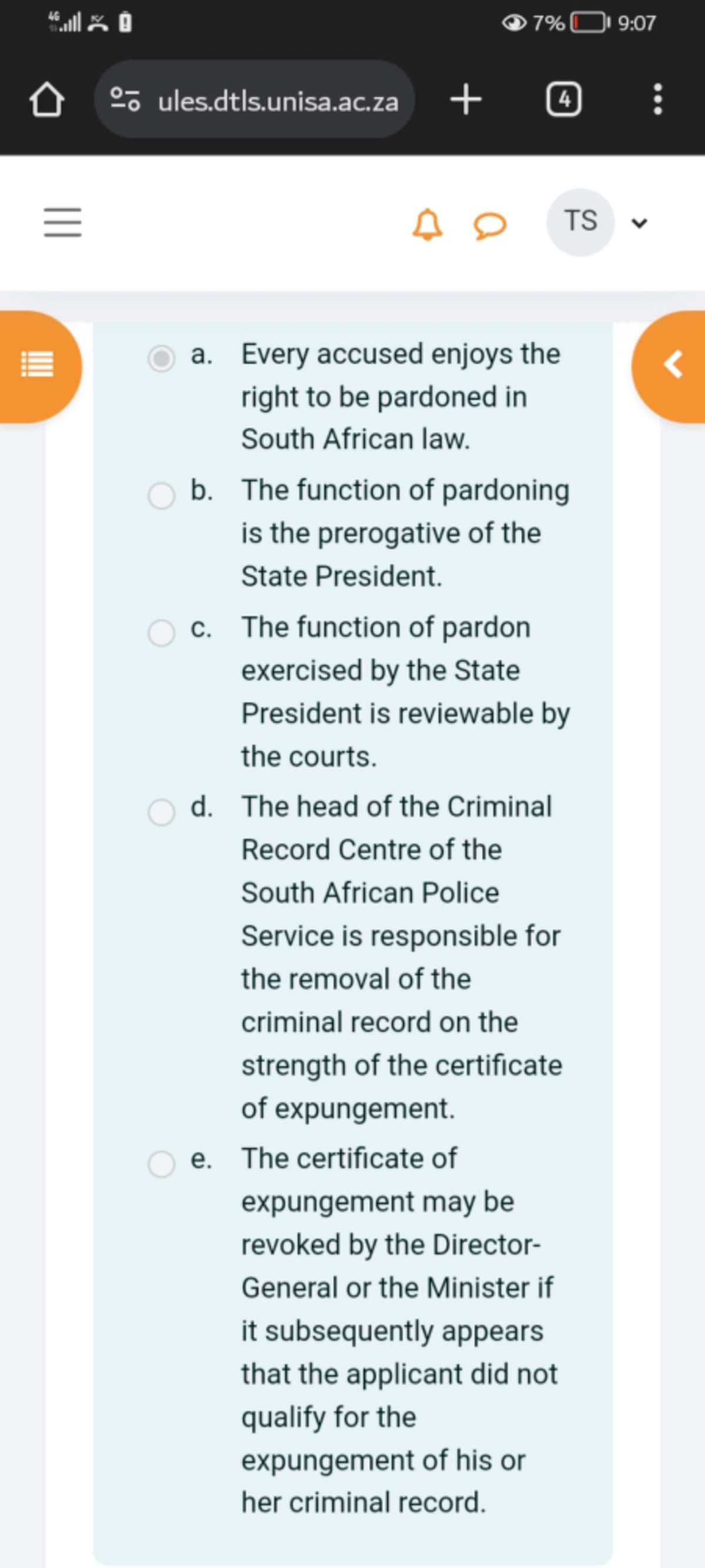 CPR3701 MCQ Assignment 02 - 9:07 ules.dtls.unisa.ac 4 TS a. Every ...