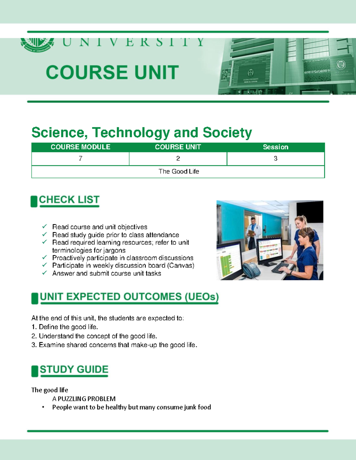 Course unit- good life - Science, Technology and Society COURSE MODULE ...