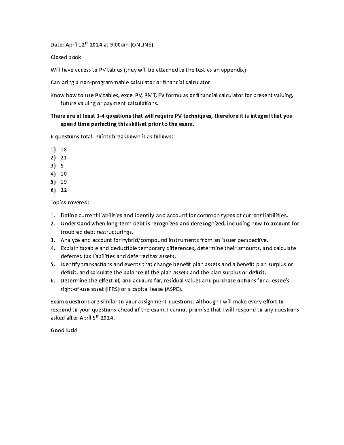 ACCT 2107 - Final Exam - Hints and Guidelines - Date: April 12th 2024 ...