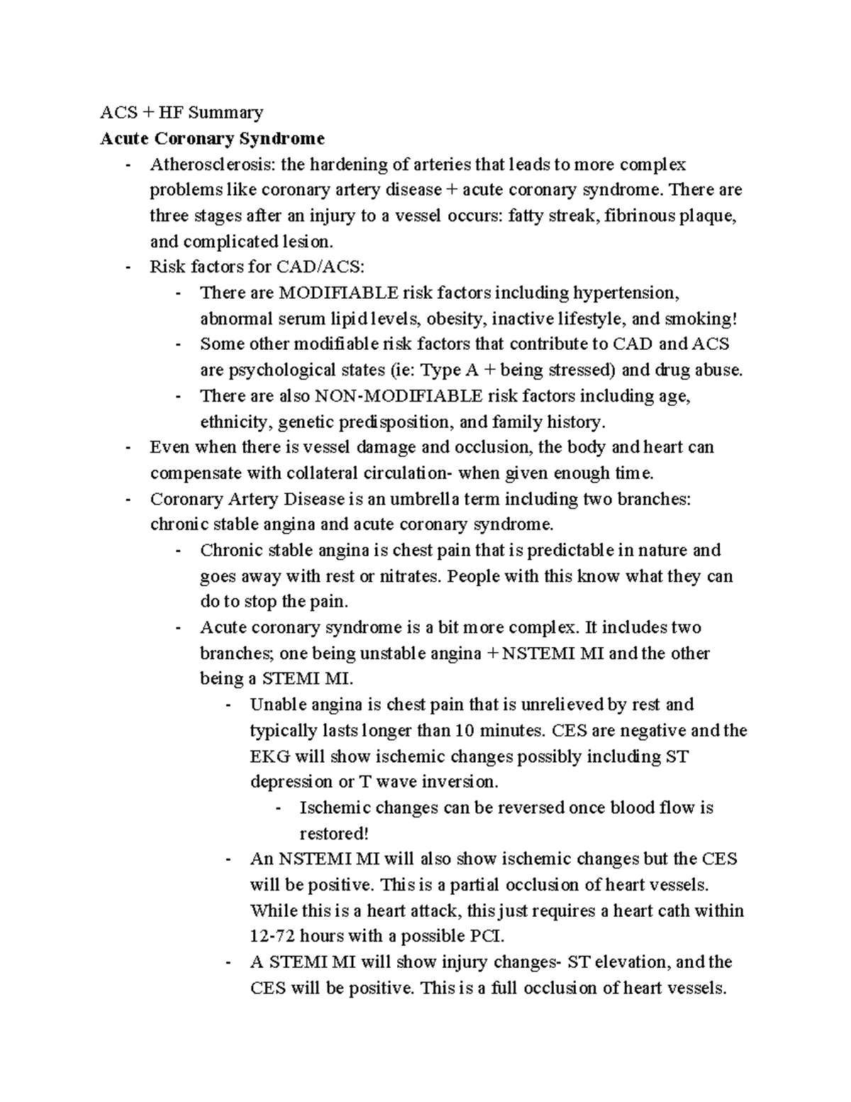 MS Exam 2 - Summary Med Surg Chronic - ACS + HF Summary Acute Coronary ...