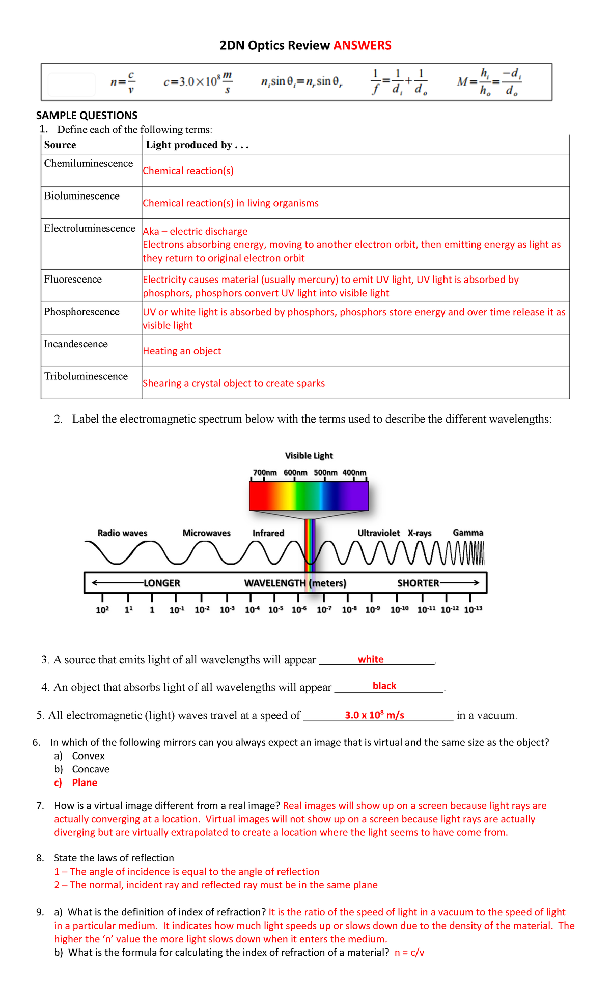 Optics review with Answers - 2DN Optics Review ANSWERS SAMPLE QUESTIONS ...