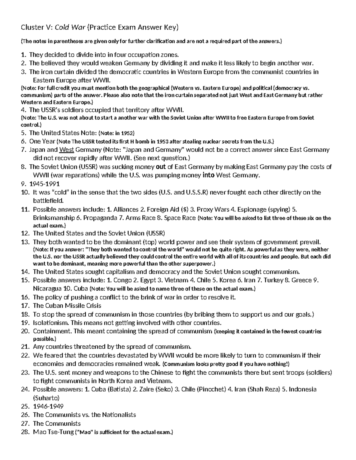 Cold War Practice Quiz KEY - Cluster V: Cold War (Practice Exam Answer ...