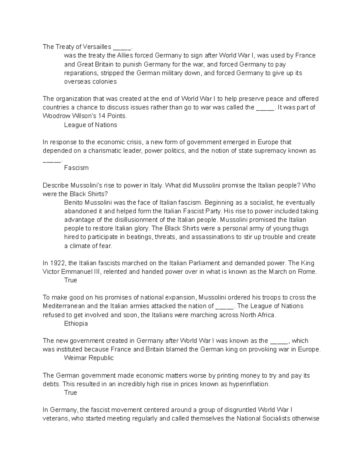 The Age of Anxiety Quiz Study Guide - The Treaty of Versailles ...