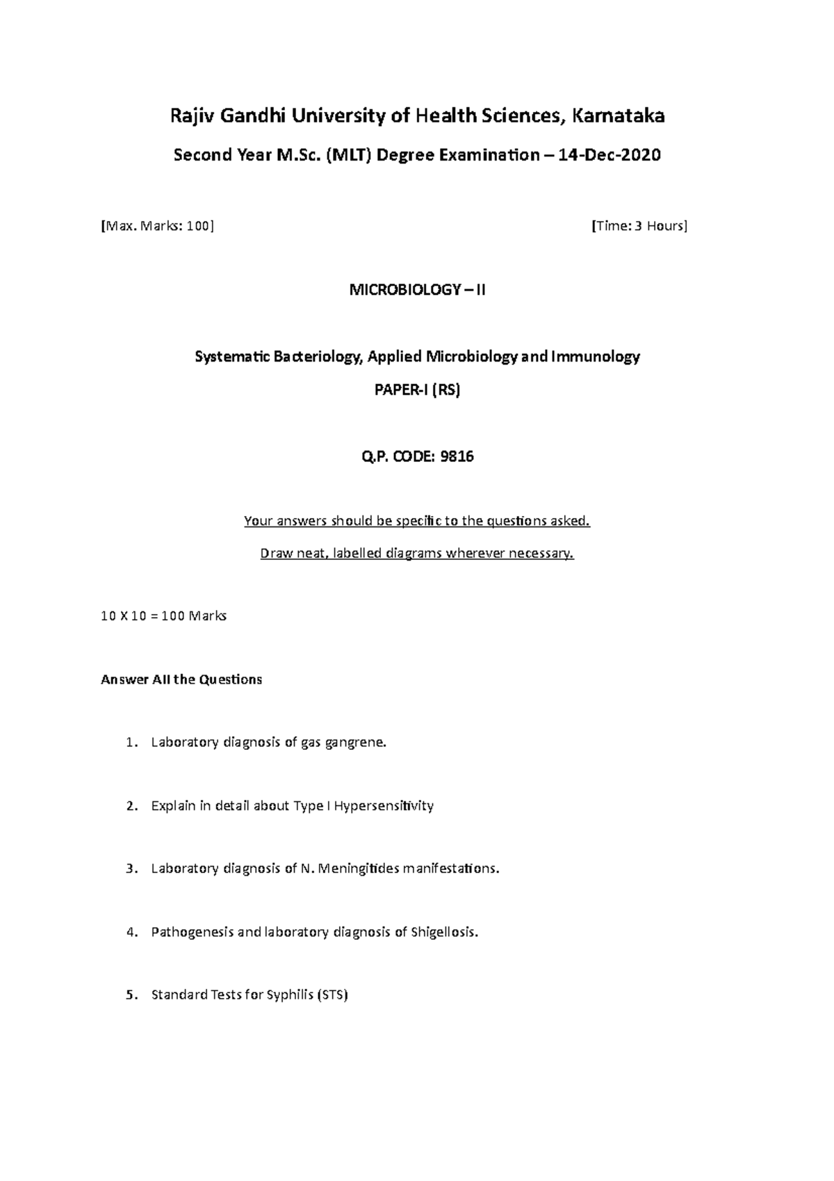 Second Year M.Sc. (MLT) Degree Examination – 14-Dec-2020 Systematic ...