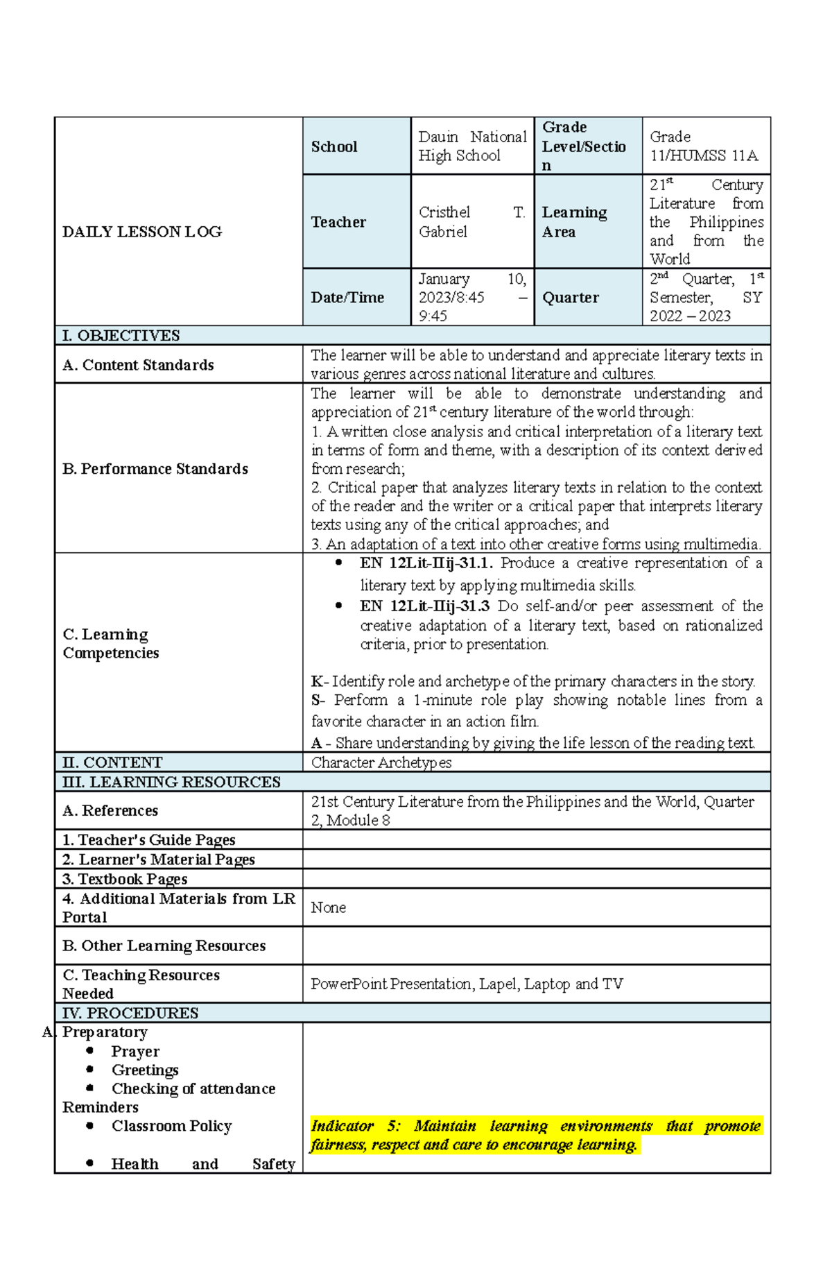 DLL CO 21ST Century Literature - DAILY LESSON LOG School Dauin National ...